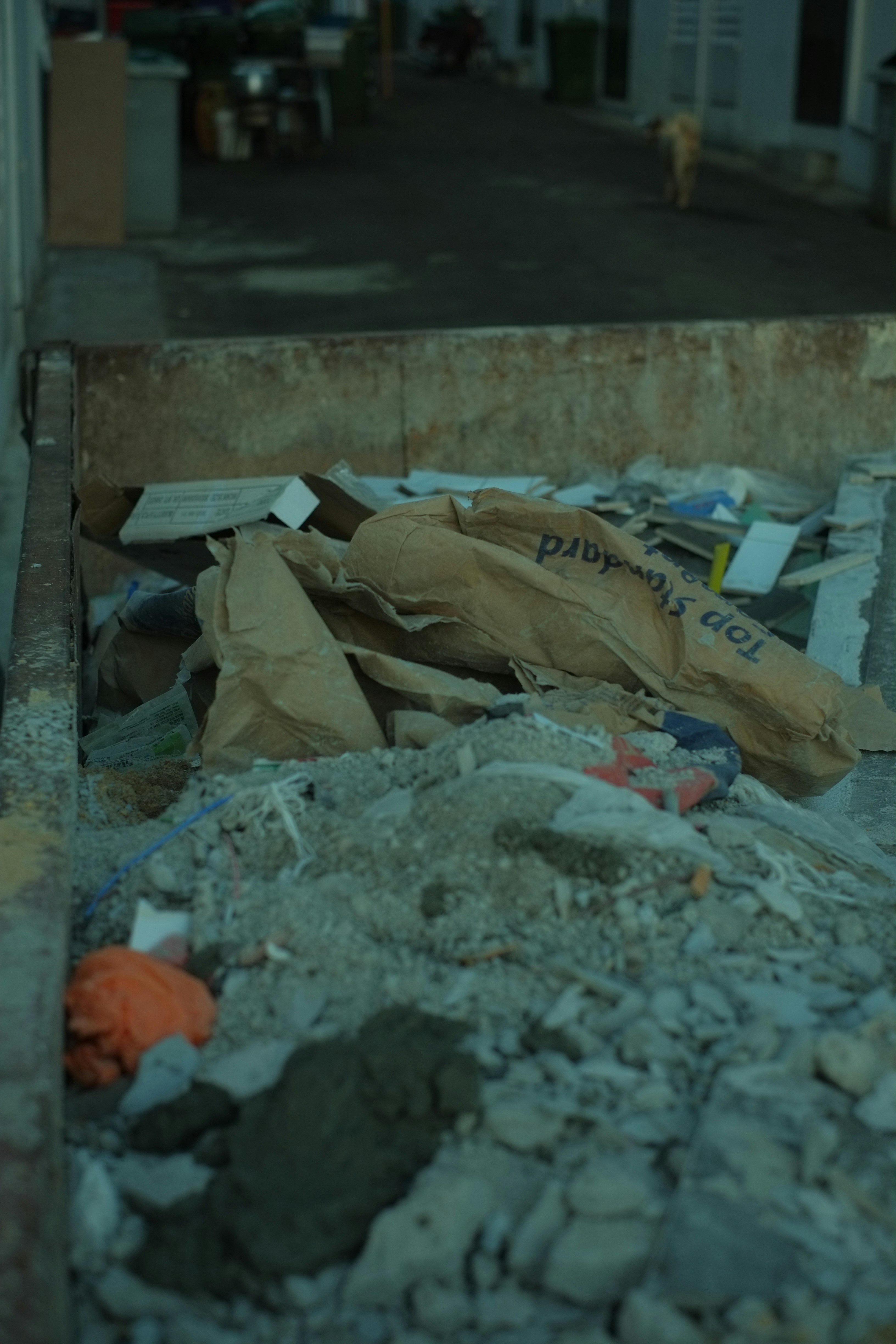 Blue-Tone Rubble: Quiet Alley Debris at Dusk