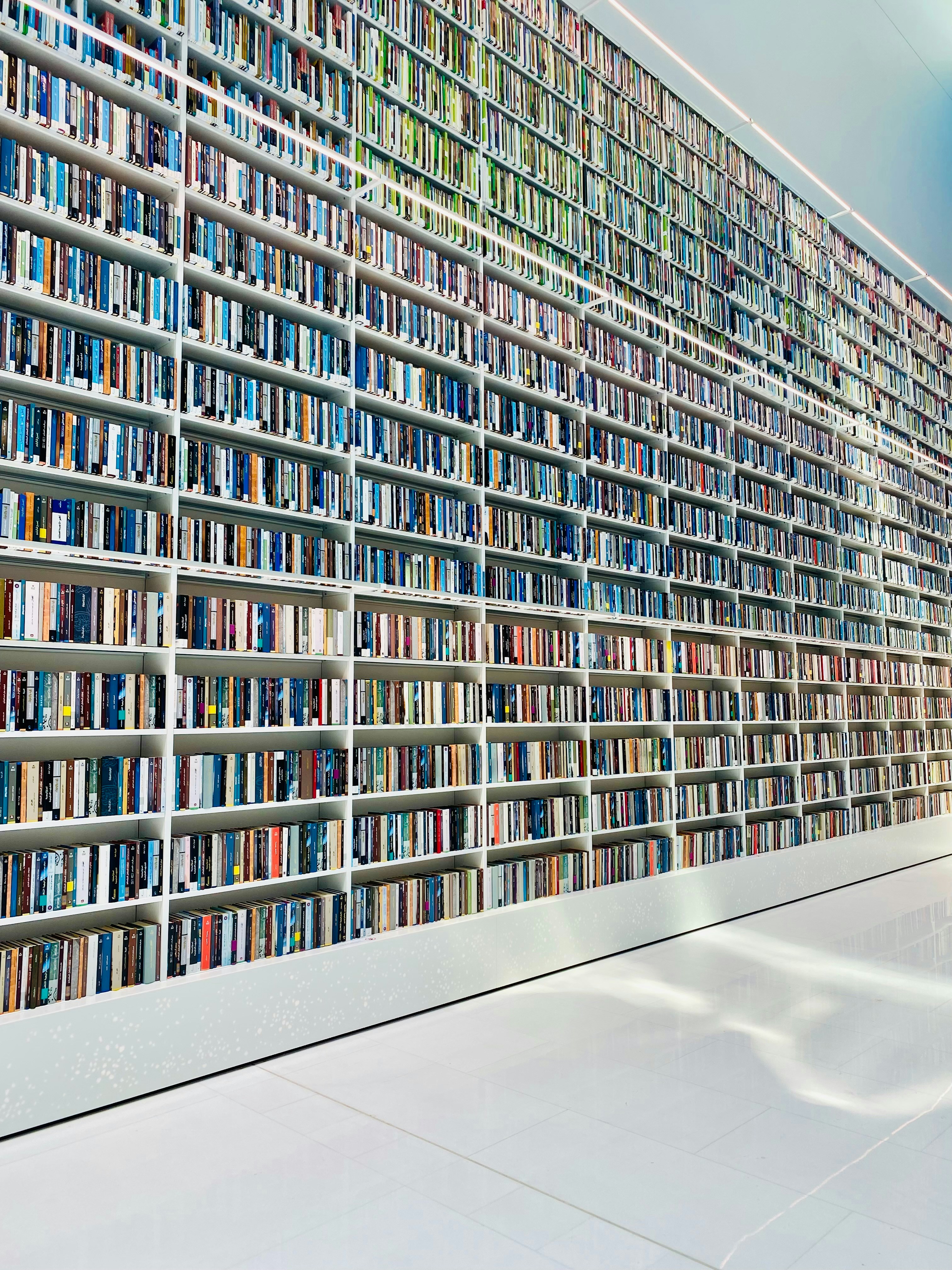 A room filled with lots of books next to a wall photo – Free Mohammed ...