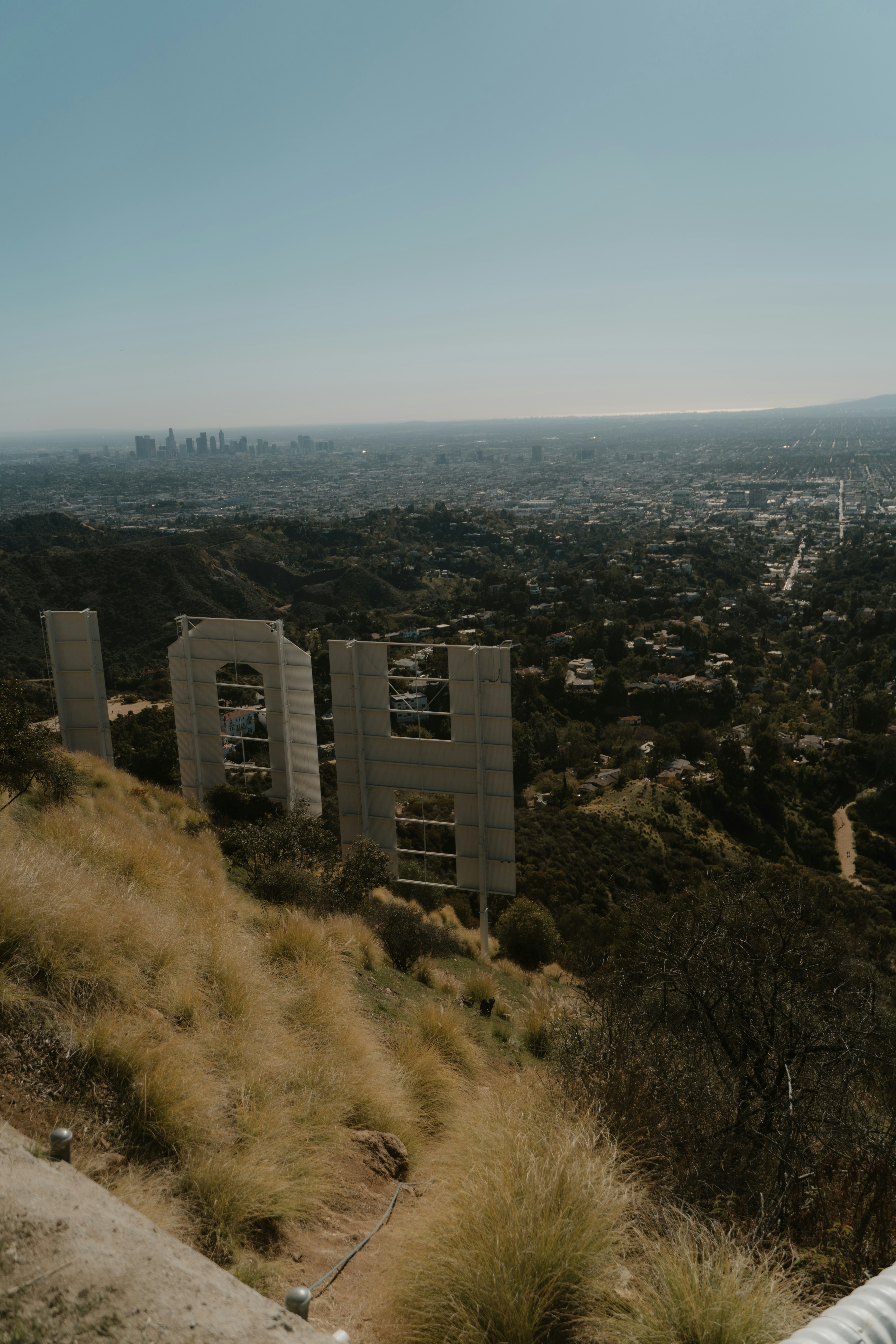Hollywood sign partially obscured by vegetation, overlooking a sprawling urban landscape with the city skyline in the distance.