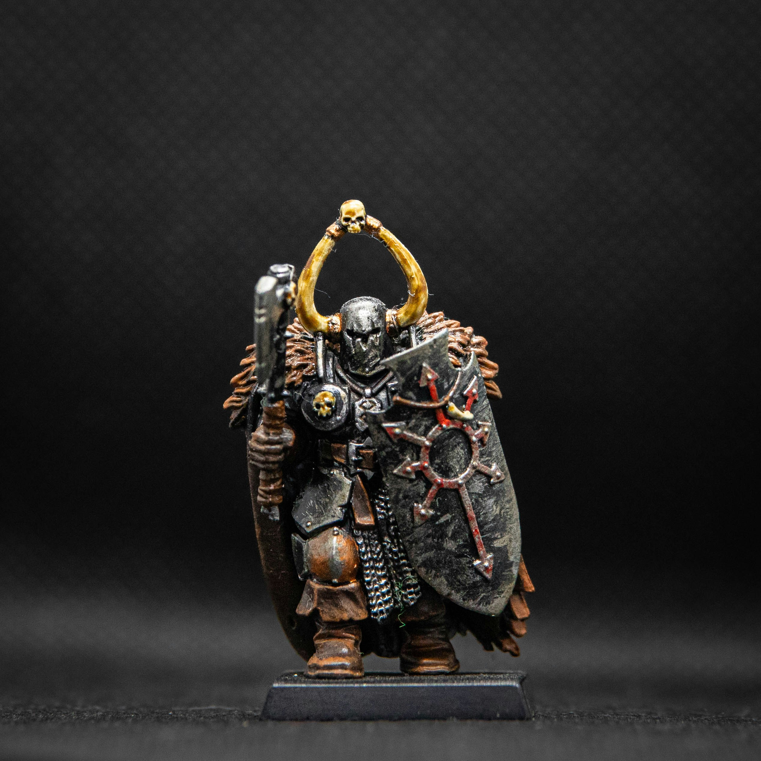 Skullcrest Warden: A Painted Chaos Warrior Braced in Dark Armor