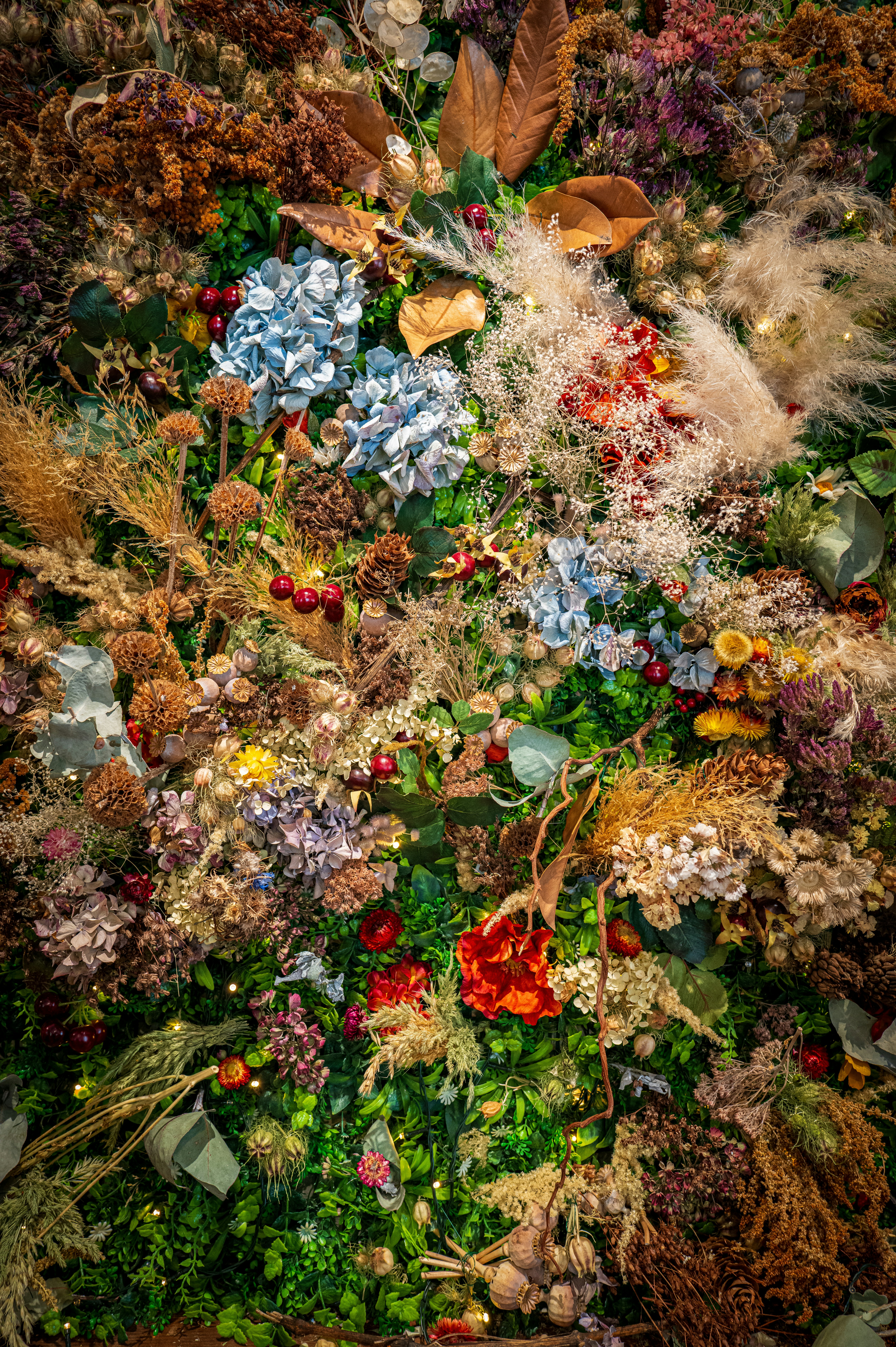 Tapestry of Dried Florals: Hydrangea Blues Amid Ember Hues