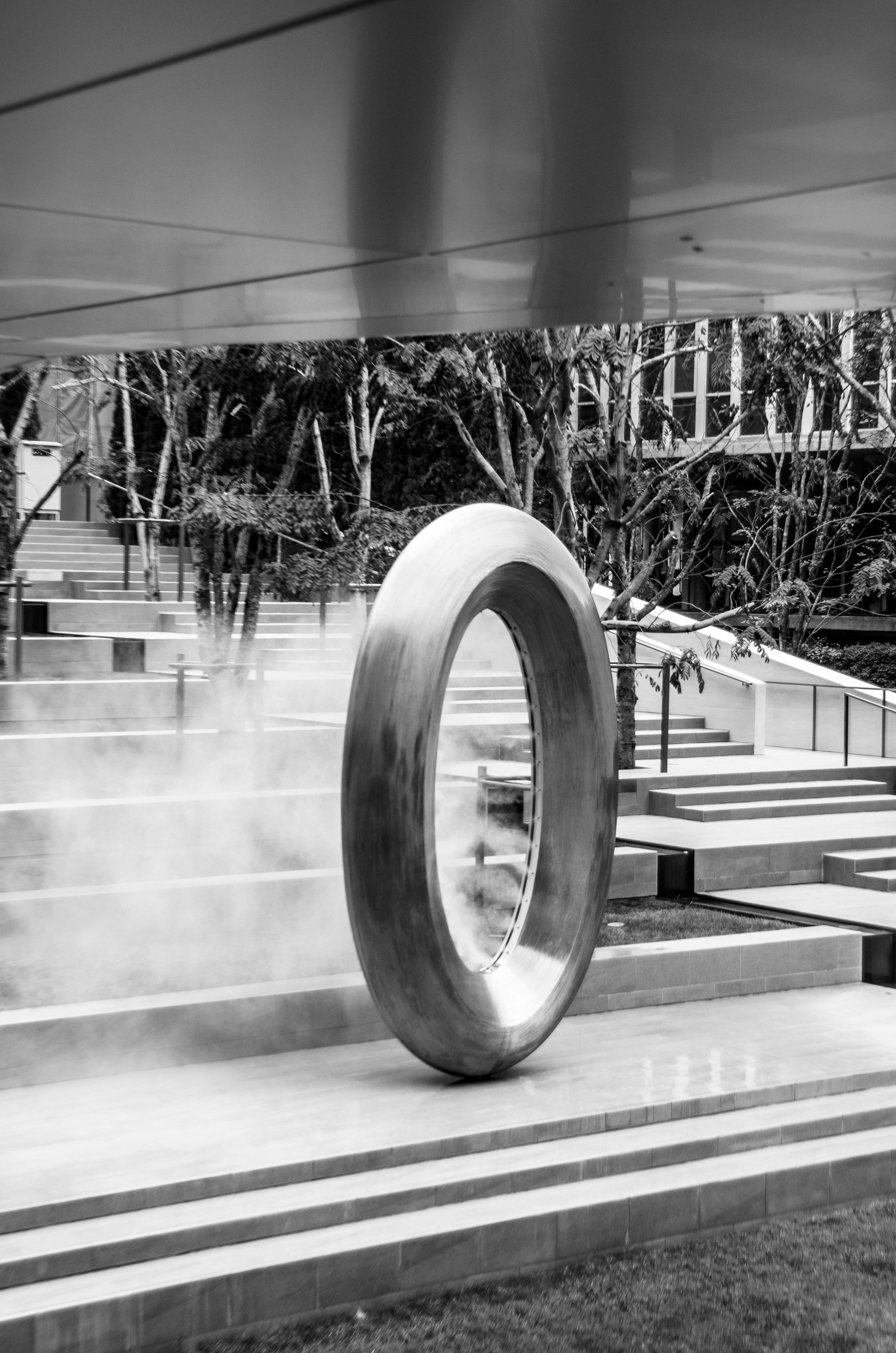Circular Solitude: A Metallic Ring Anchored on Concrete Steps