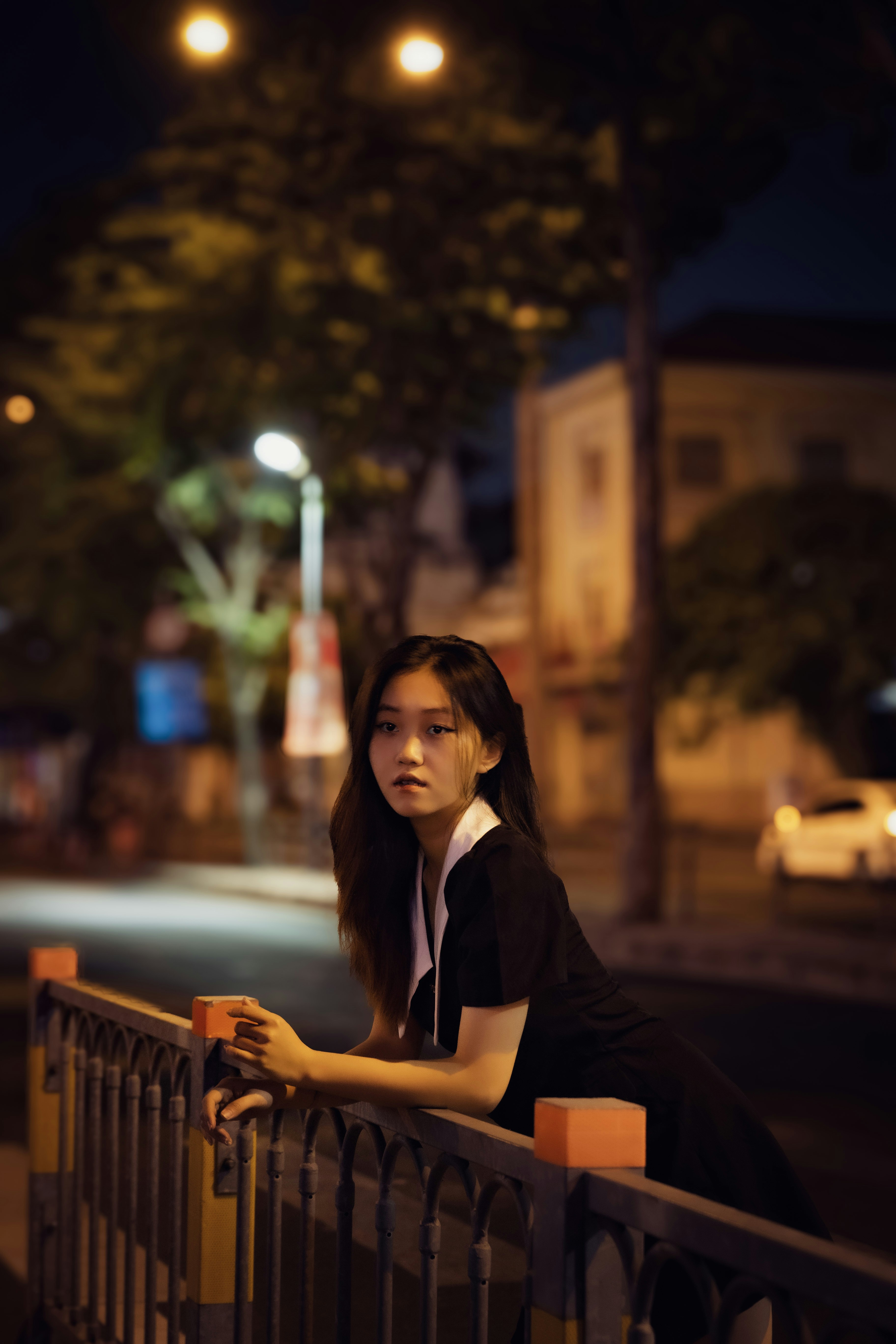 Nighttime Portrait at the Urban Rail Fence
