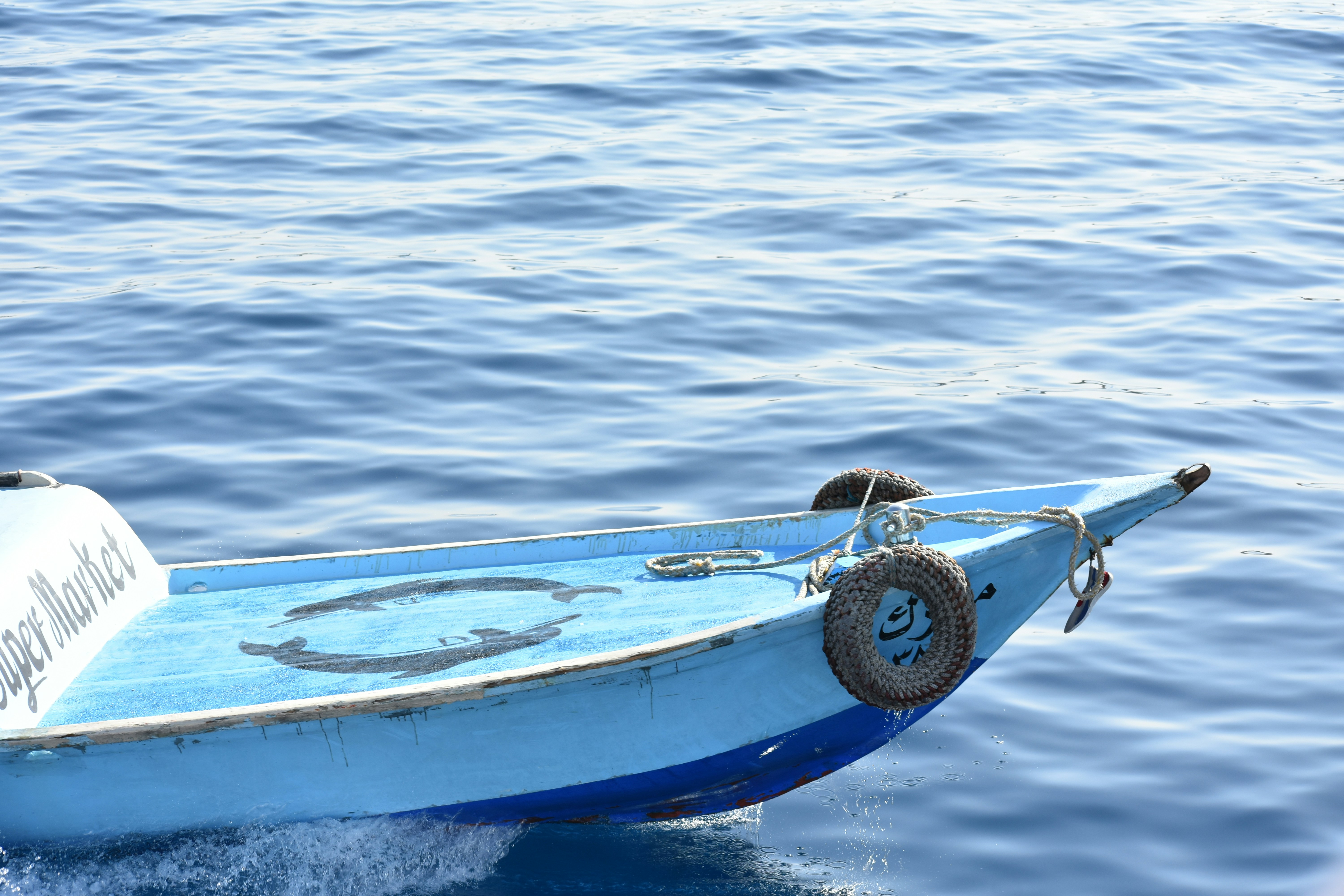 a blue and white boat floating on top of a body of water