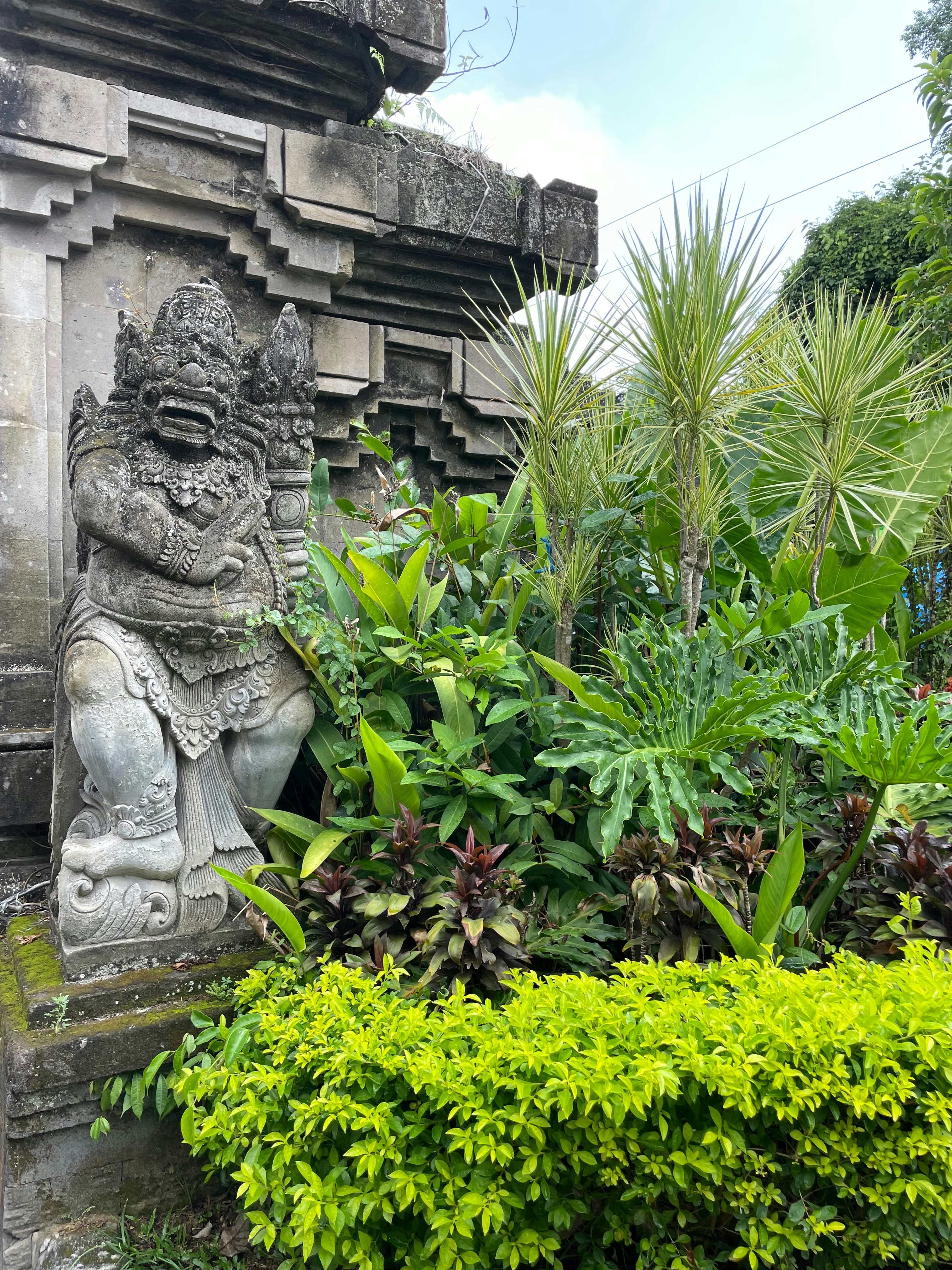 Weathered Guardian Amid a Lush Temple Garden