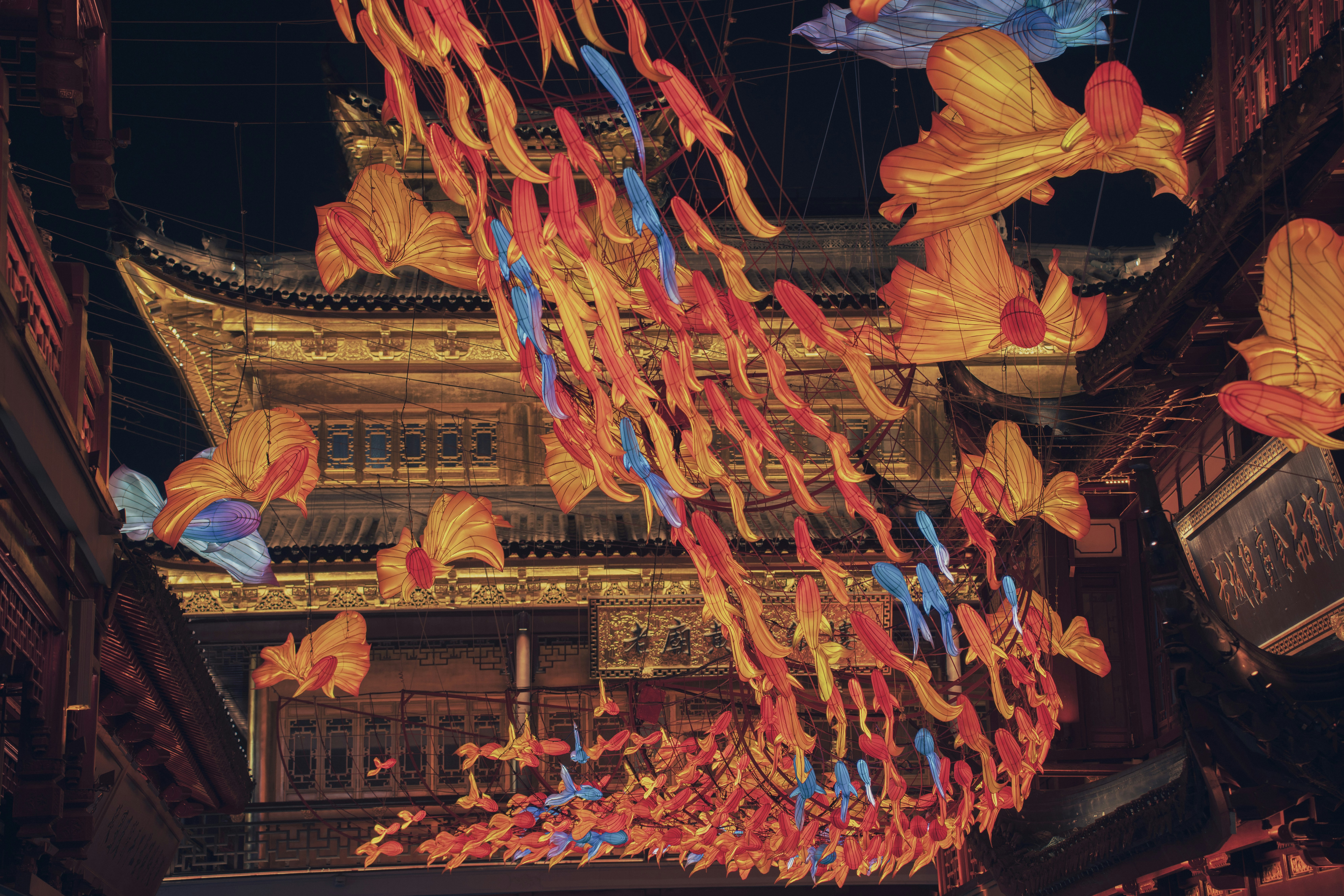 Lantern Cascade Over Sacred Hall: A Temple Atrium in Motion