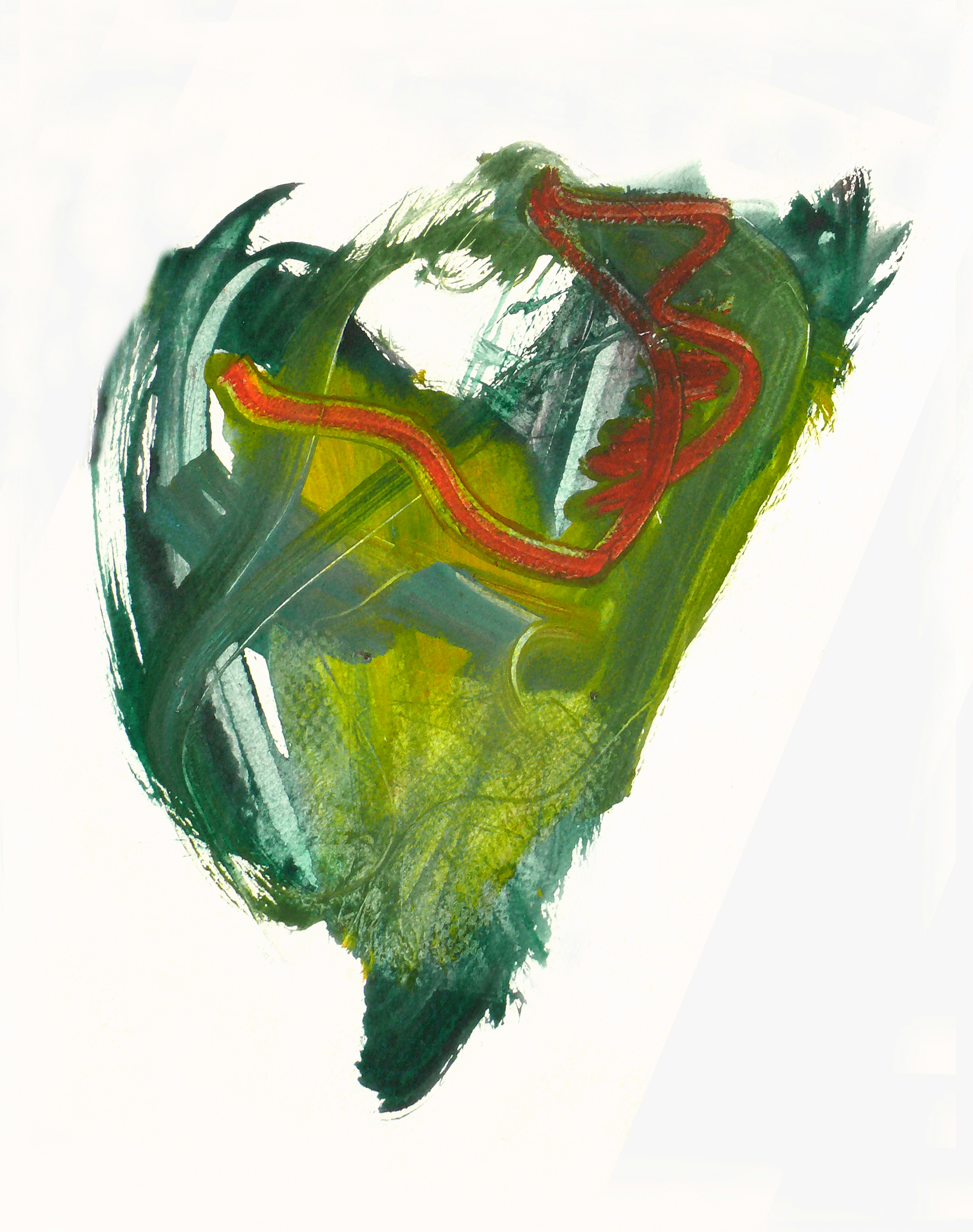 Photo of 'Kidgen 9.' - an abstract colorful watercolor painting on paper I made in 2008 in strong color tones of mainly green. I painted it in spontaneous brush strokes. This small artwork is part of a series of small gouache works on paper, which I called then 'Kidgen'. You can see the brush strokes and the texture of the watercolor art on paper, what I really like. I share this as an free download art image. This design is suitable for making large art prints and wallpaper 4k - Fons Heijnsbroek, Dutch painter artist.