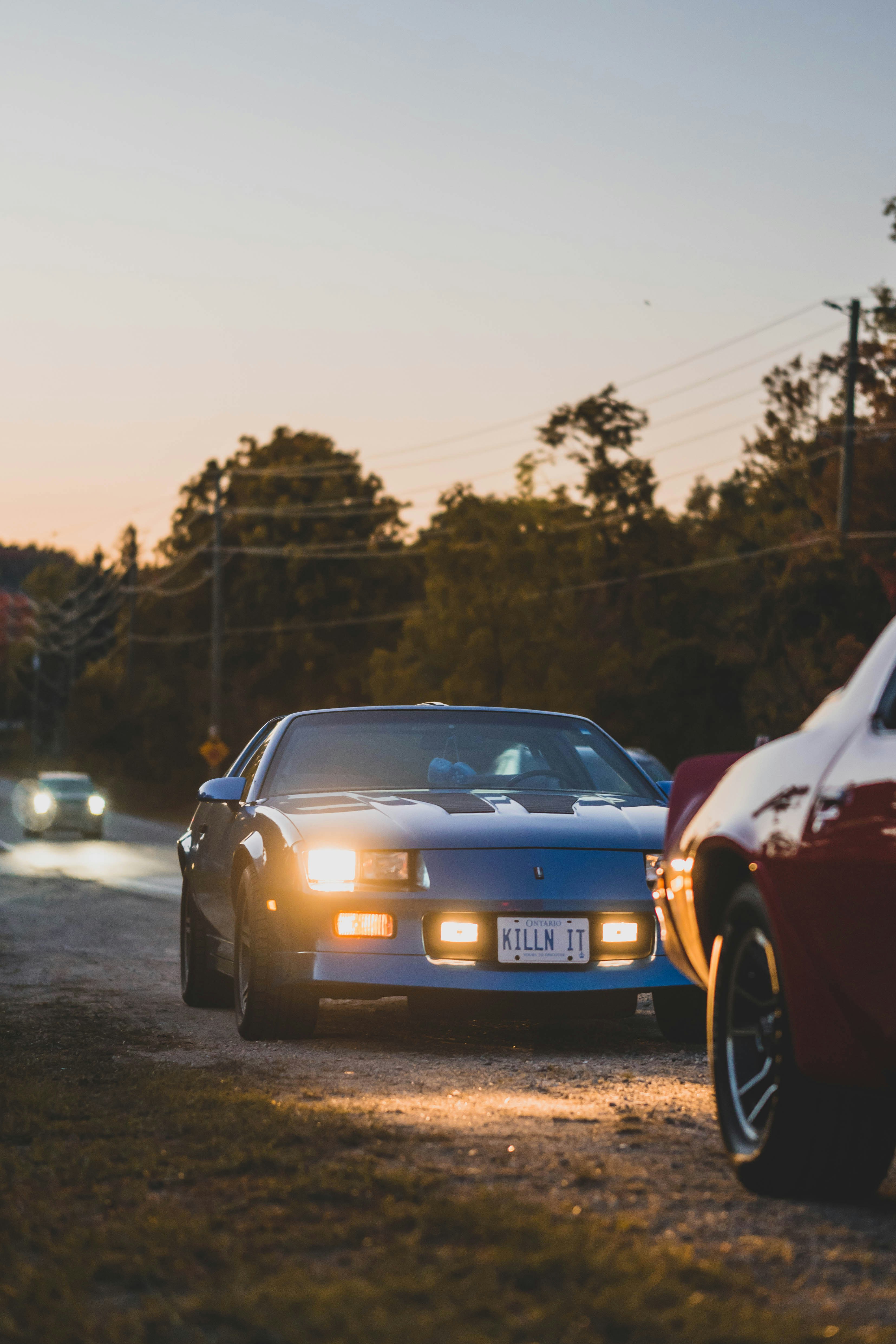 Blue sports car with headlights on, driving along a rural road at dusk.