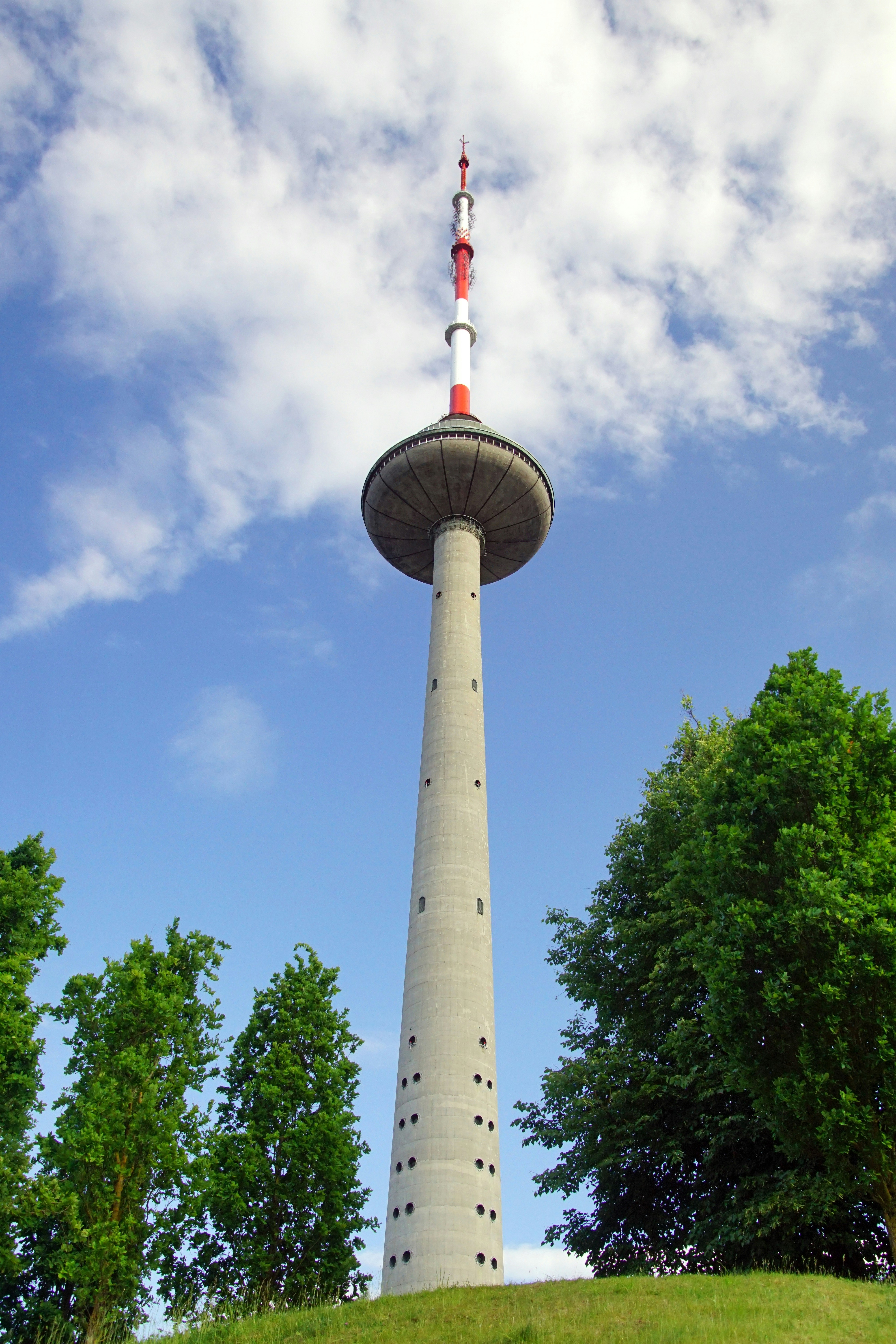 A modern communication tower rises against a backdrop of blue sky and fluffy clouds, framed by lush greenery at its base.