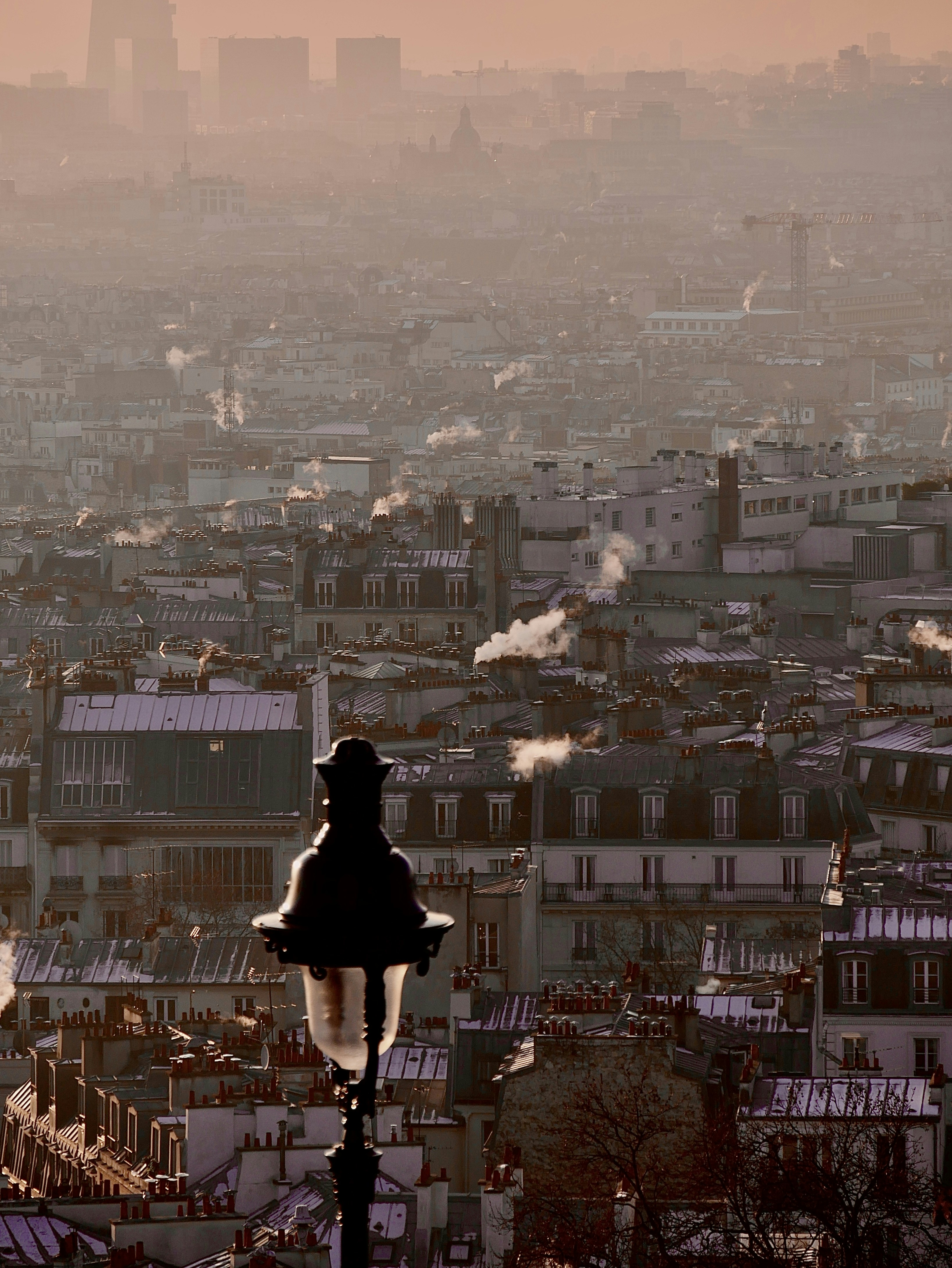 Silhouetted Lamp Amid Dusk-Hazed Rooftops