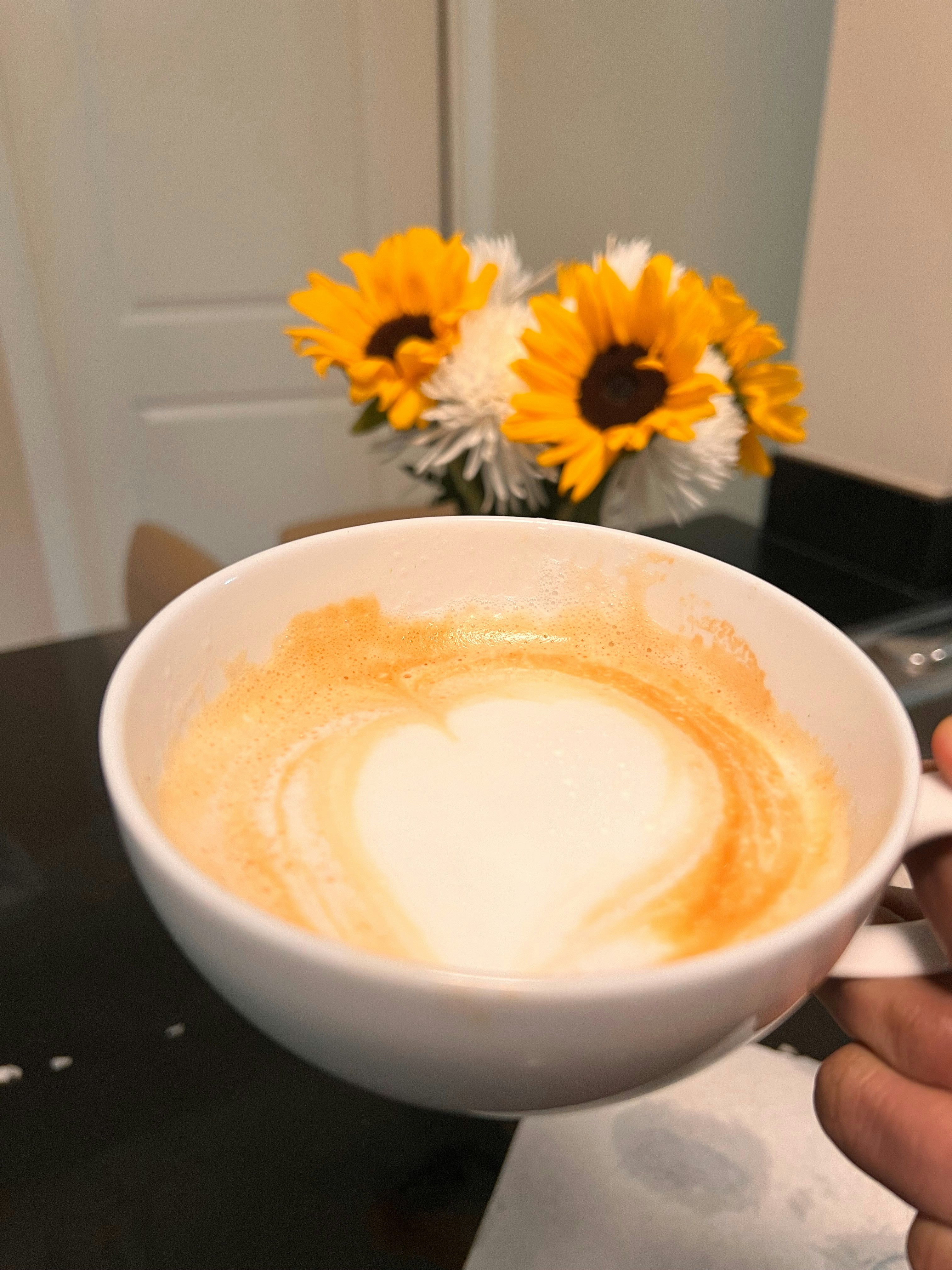 Heartfoam Bouquet: Latte Art Framed by Sunflowers