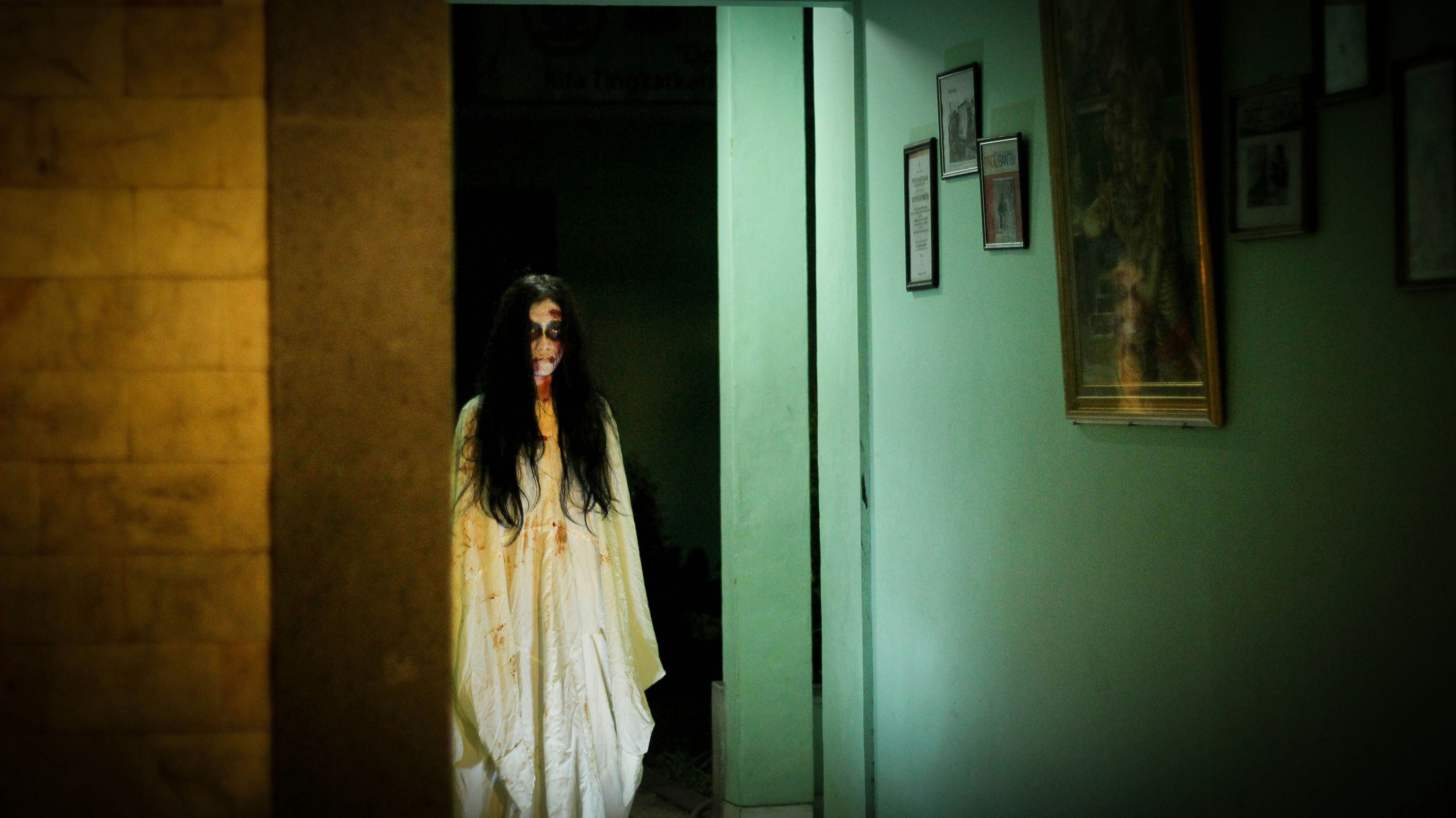 A woman dressed as a ghost standing in a doorway photo – Free ...