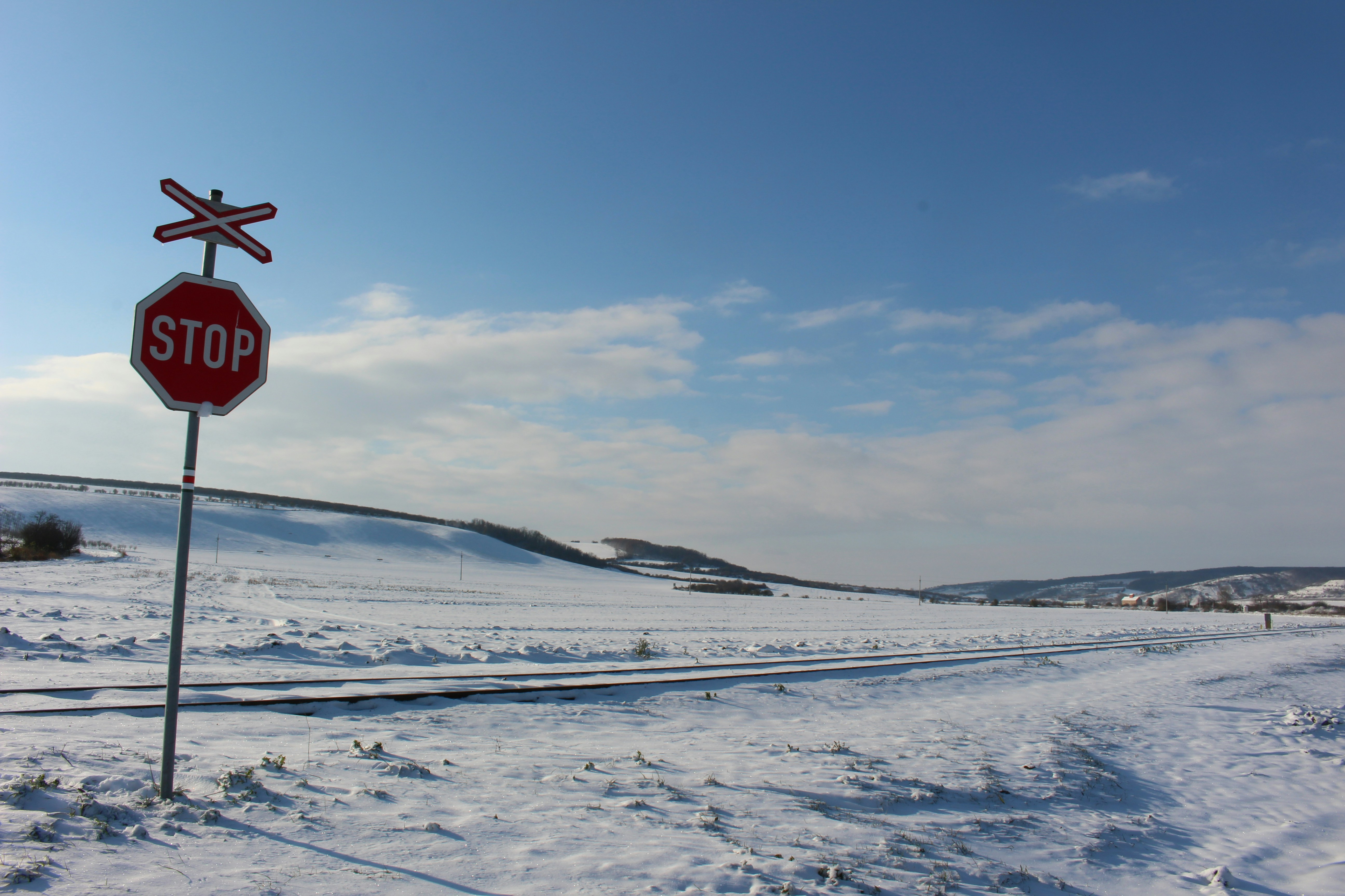 a red stop sign sitting on the side of a snow covered road