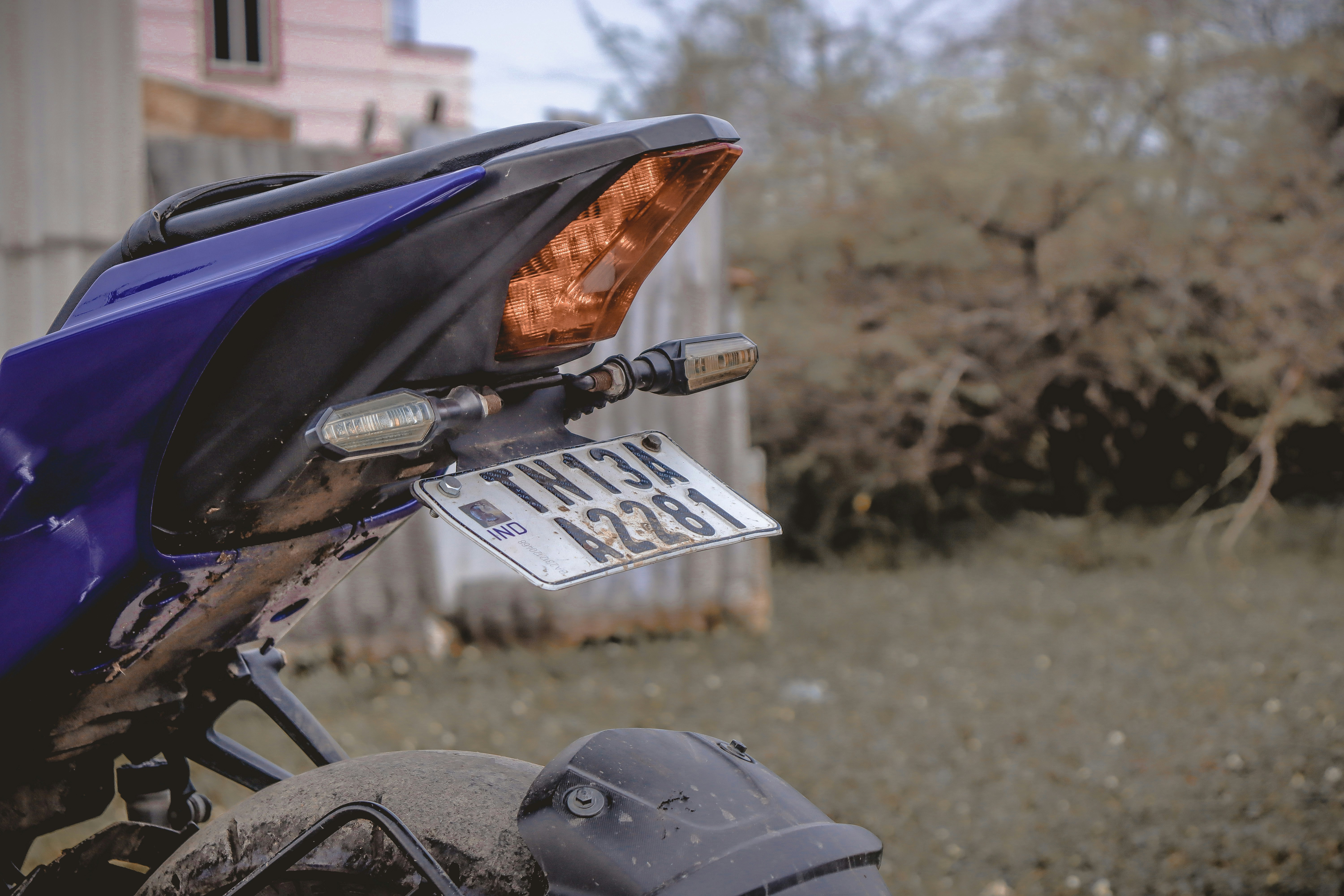 Blue Motorcycle Rear End Amid Muted Autumn Backdrop