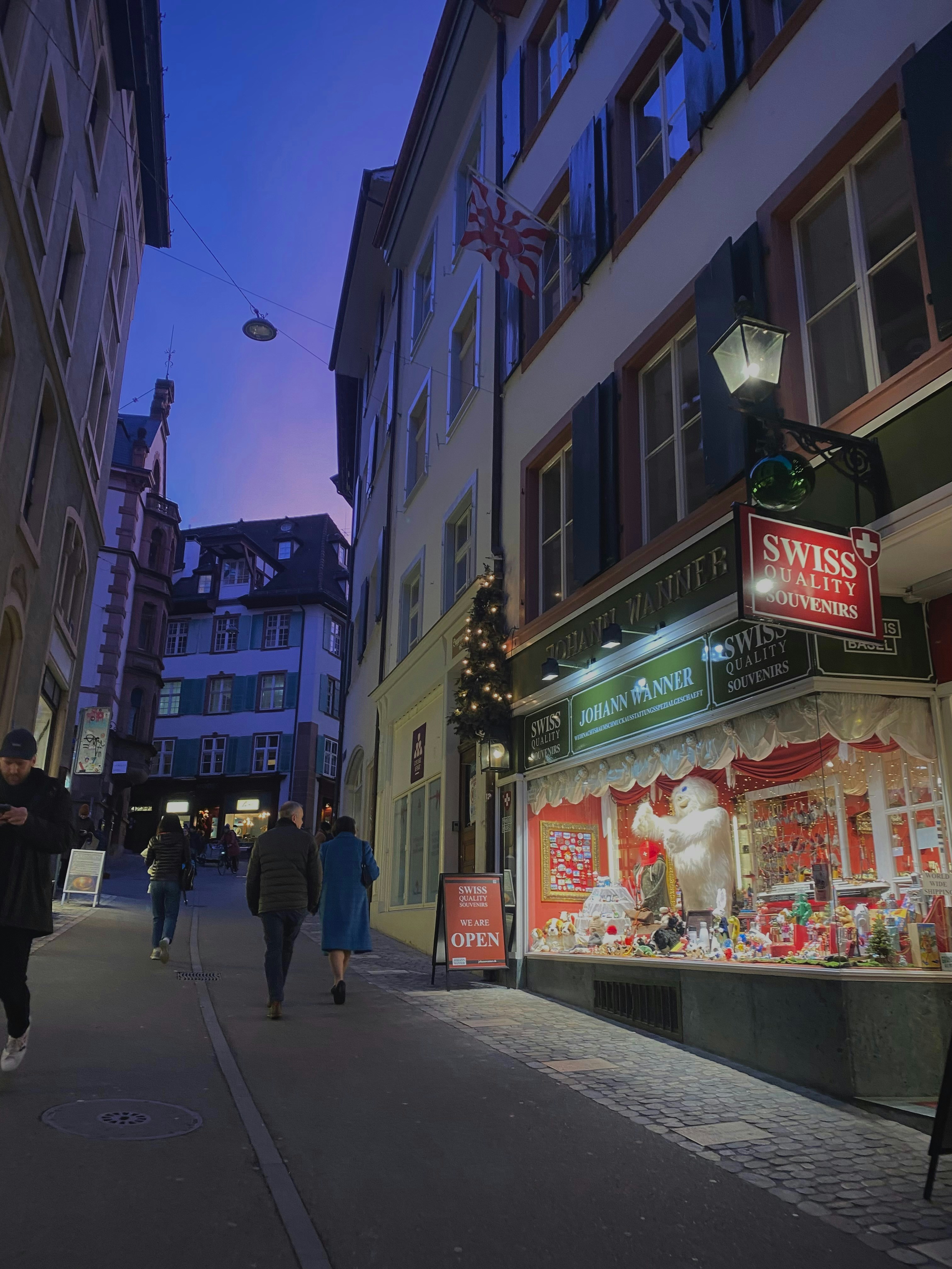 Twilight Pedestrian Street in a Swiss-Style Shop Row