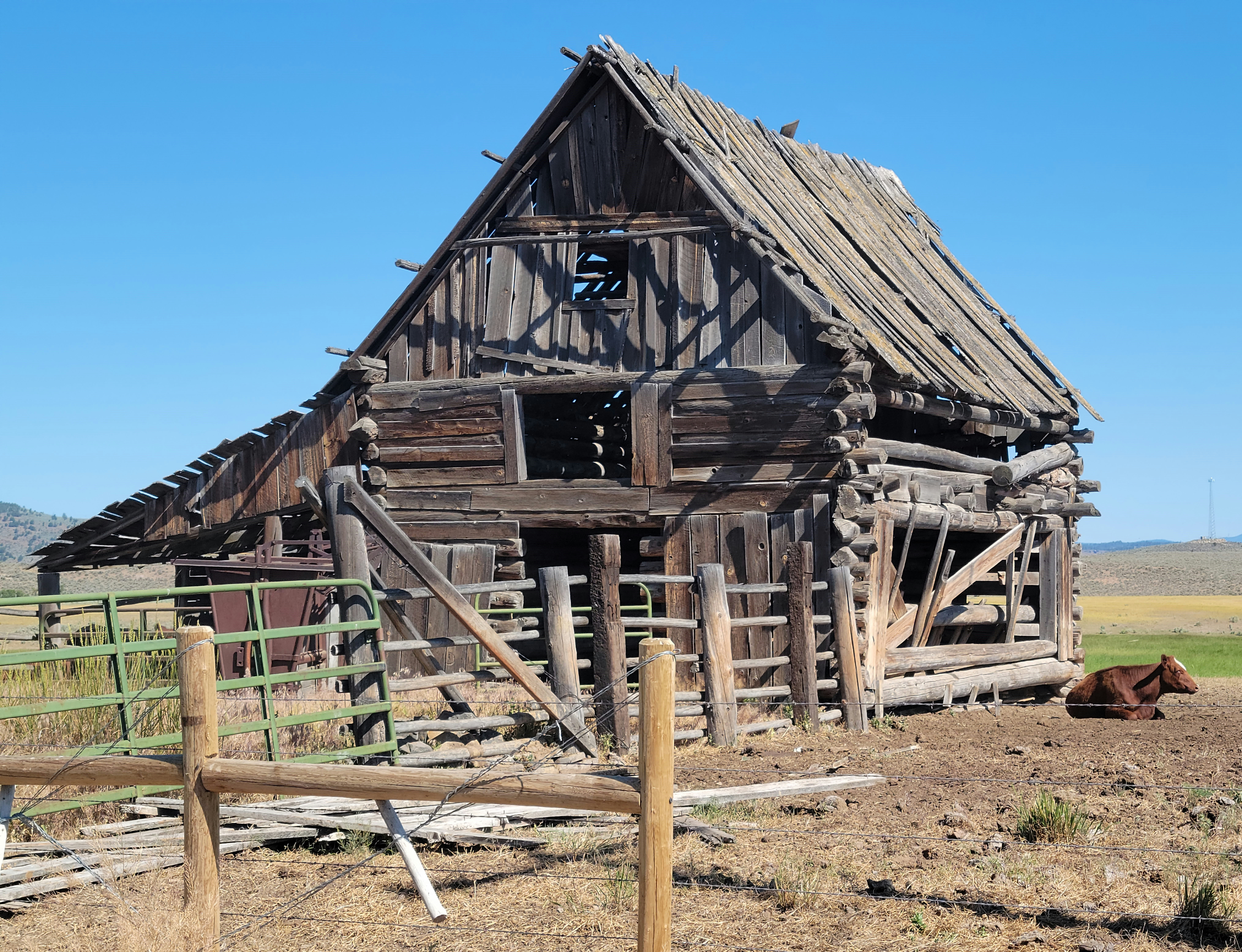 Weathered Timber Barn Dominates a Quiet Prairie Under a Bright Blue Sky