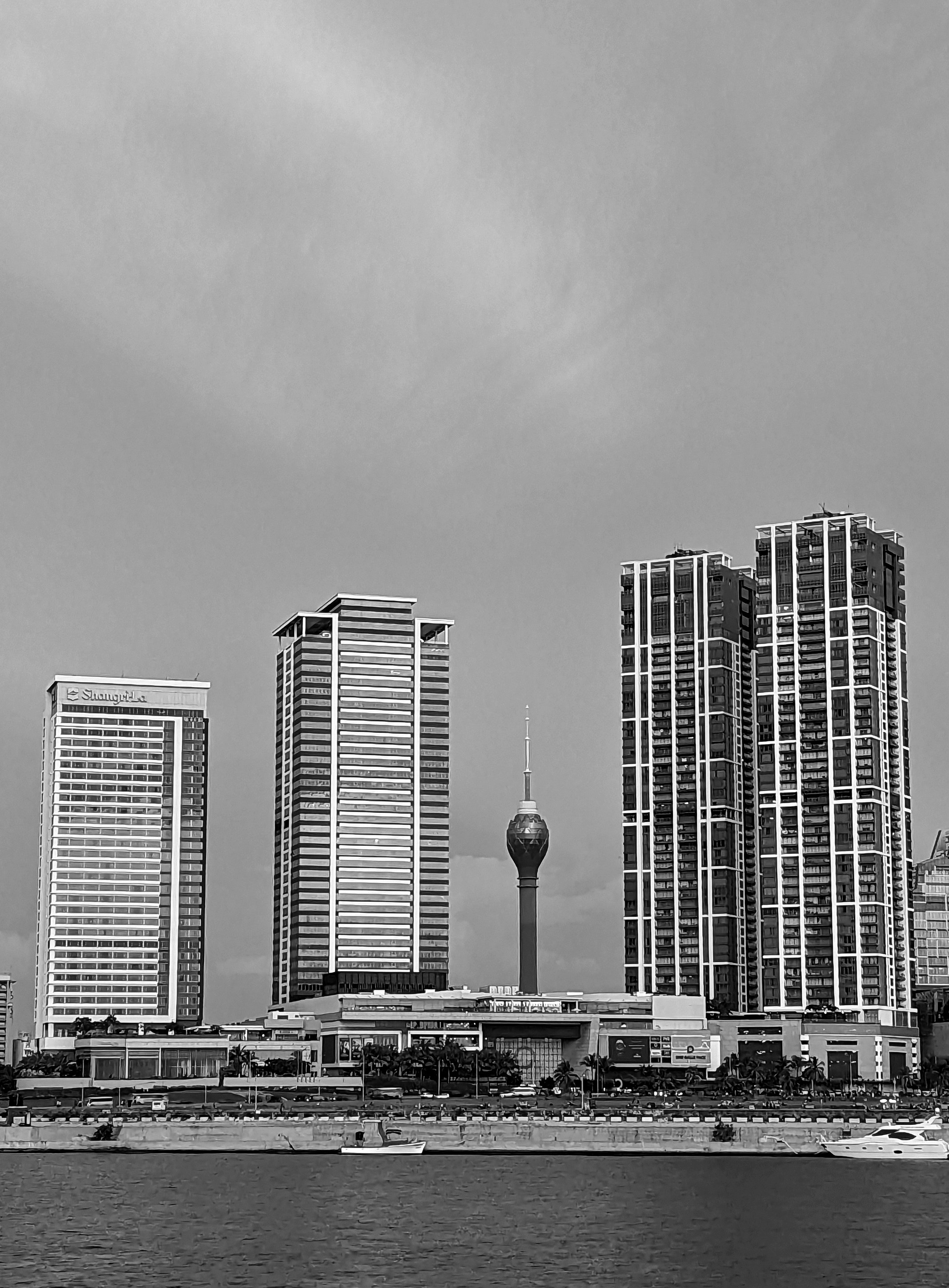 A monochrome skyline featuring modern skyscrapers and a prominent tower, set against a dramatic sky. The architectural lines create a striking visual contrast.