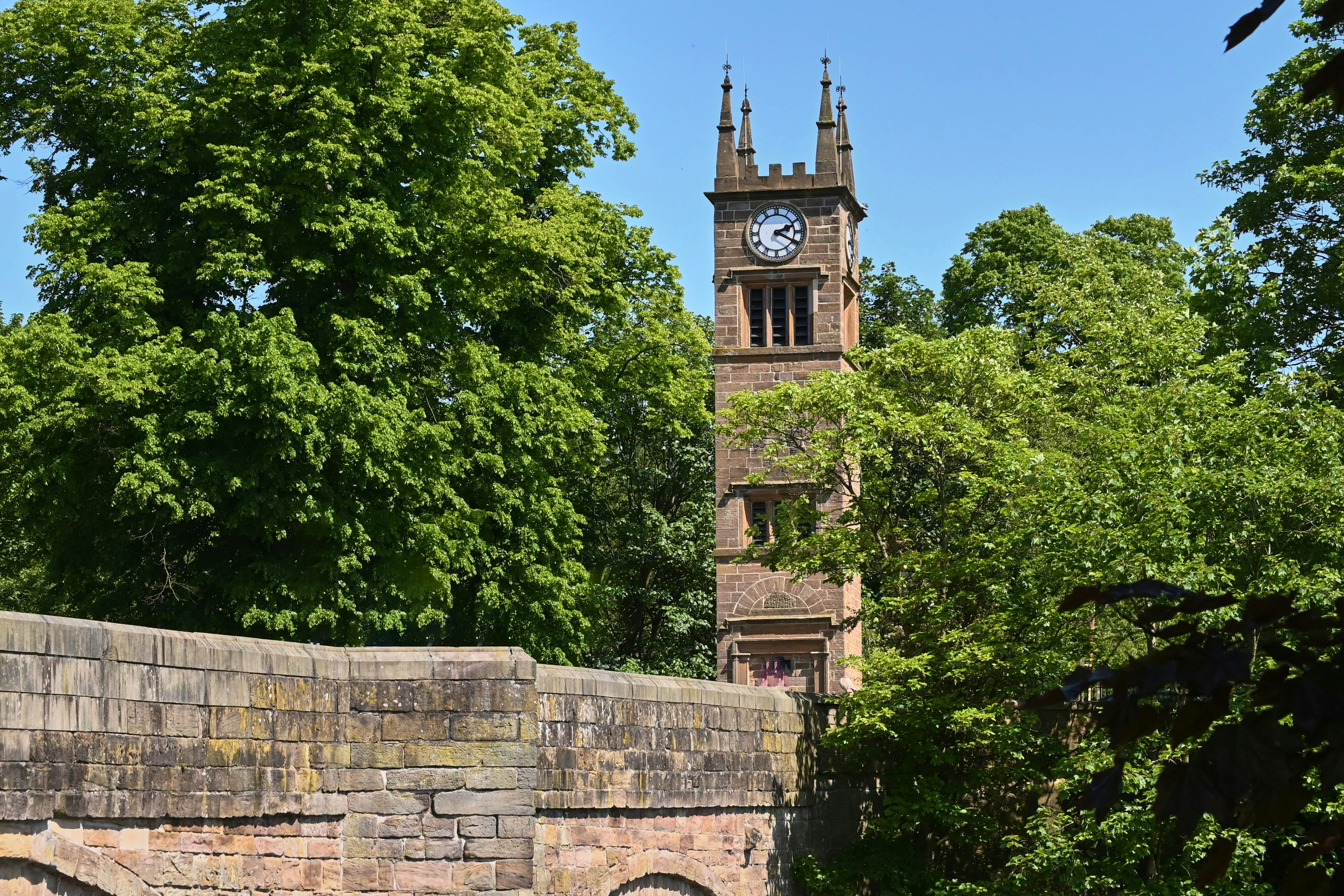 Historic clock tower rises above lush greenery under a clear blue sky.