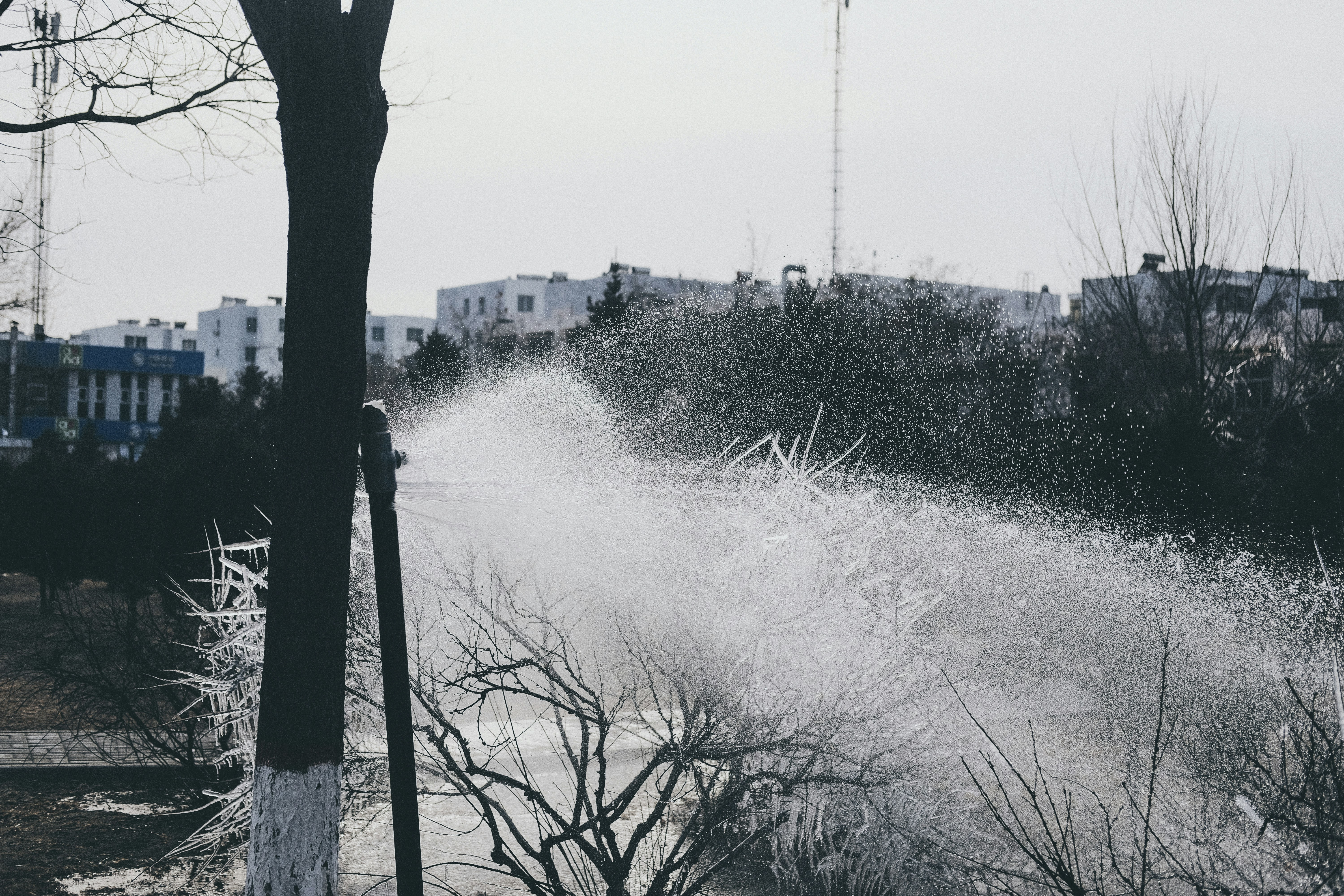 A fire hydrant spewing water onto a street photo – Free Water Image on ...