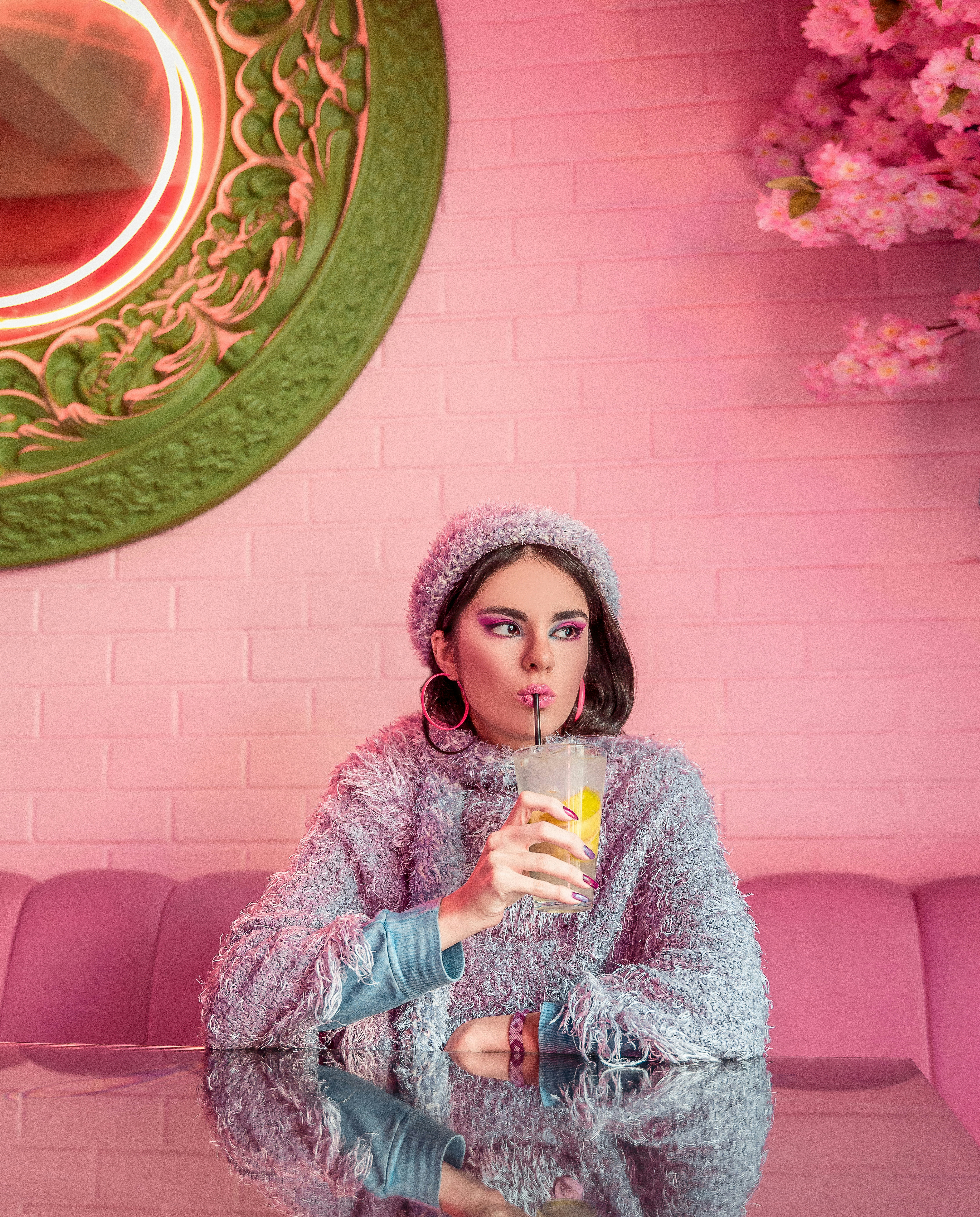 Pink Velvet Interlude: Sipping Neon on a Velvet Couch