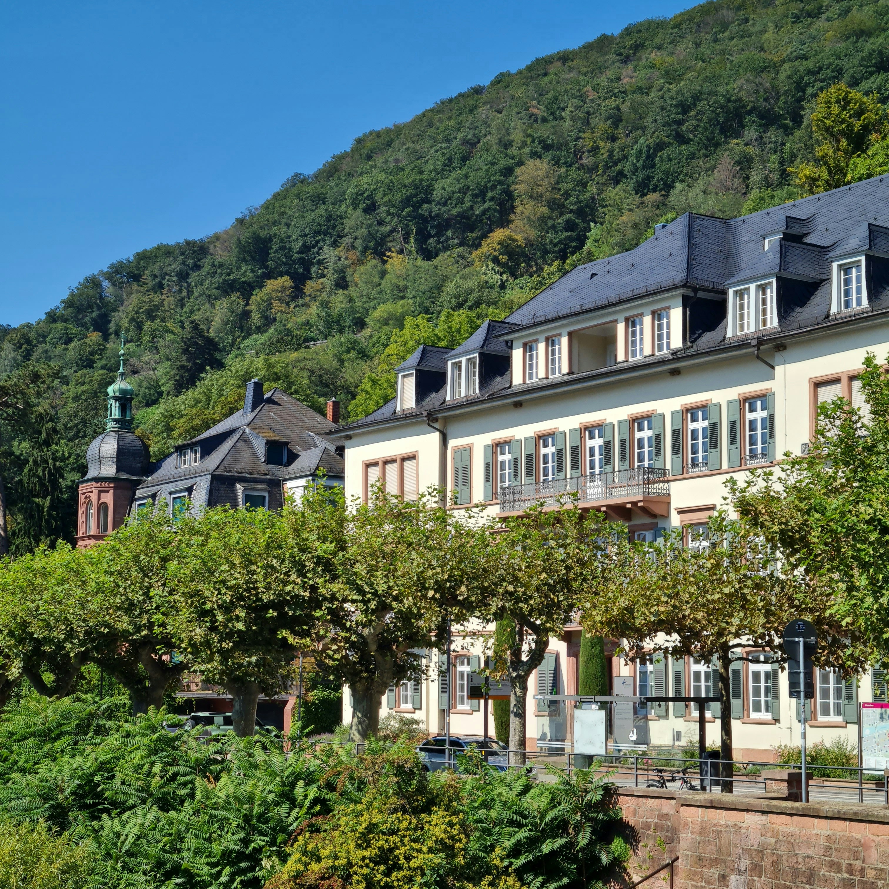 Elegant buildings with slate roofs line a tree-shaded street against a lush green hillside under a clear blue sky.