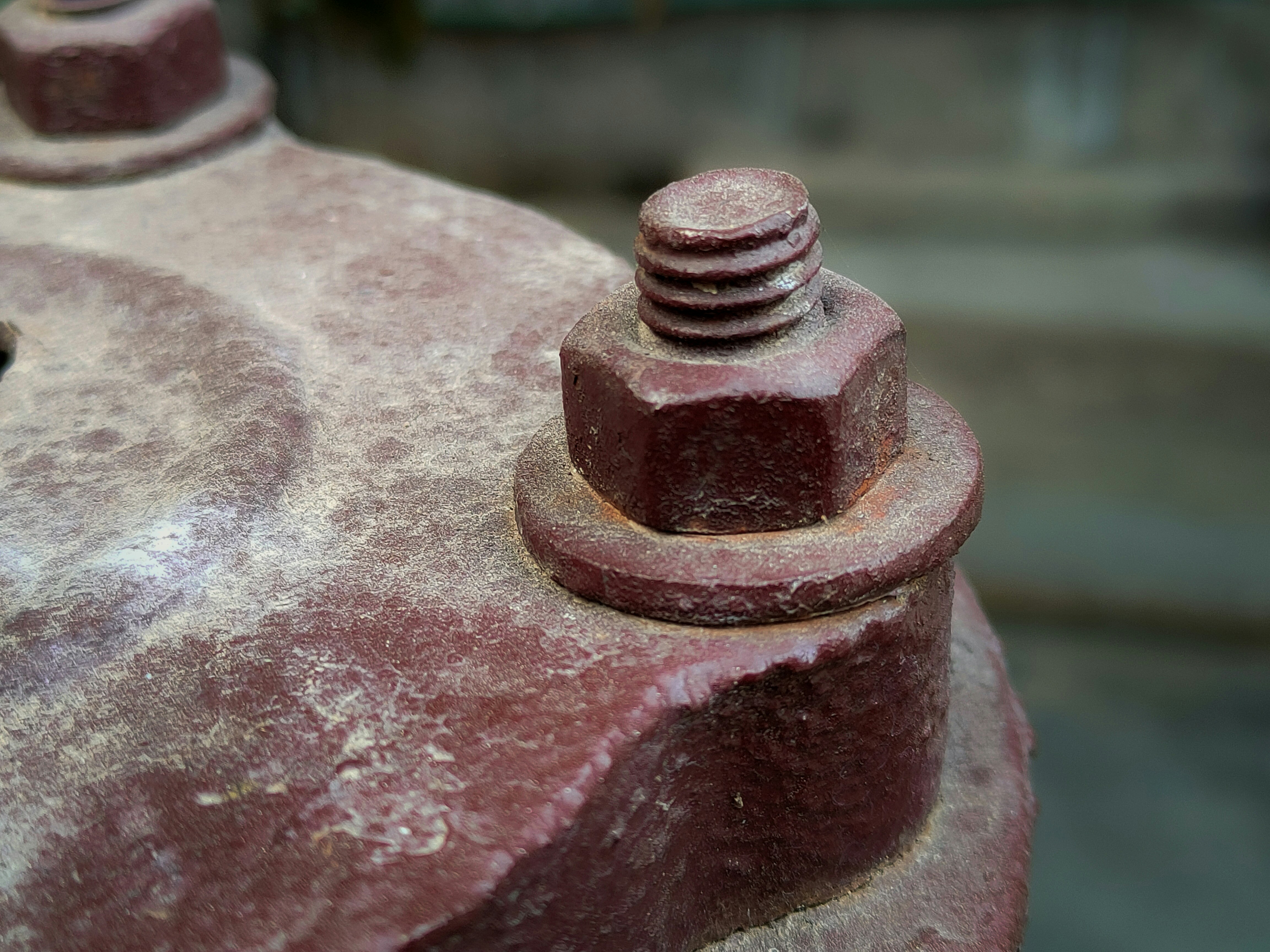 Close-up photograph of a rusted bolt on a weathered red surface with a blurred background. The image highlights rough texture and metal patina.
