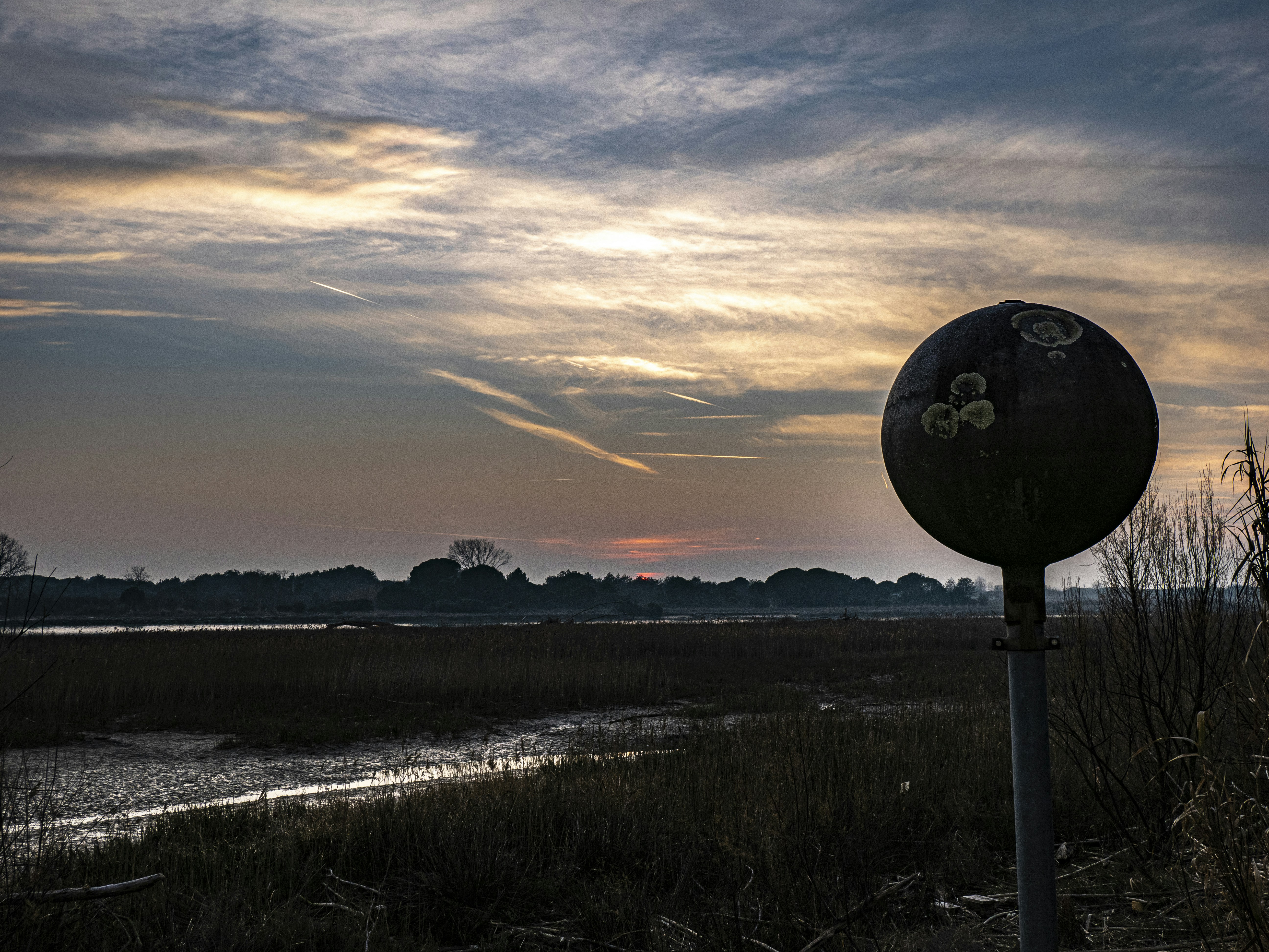 Dusk at the Salt Marsh: A Weathered Globe over Quiet Ripples
