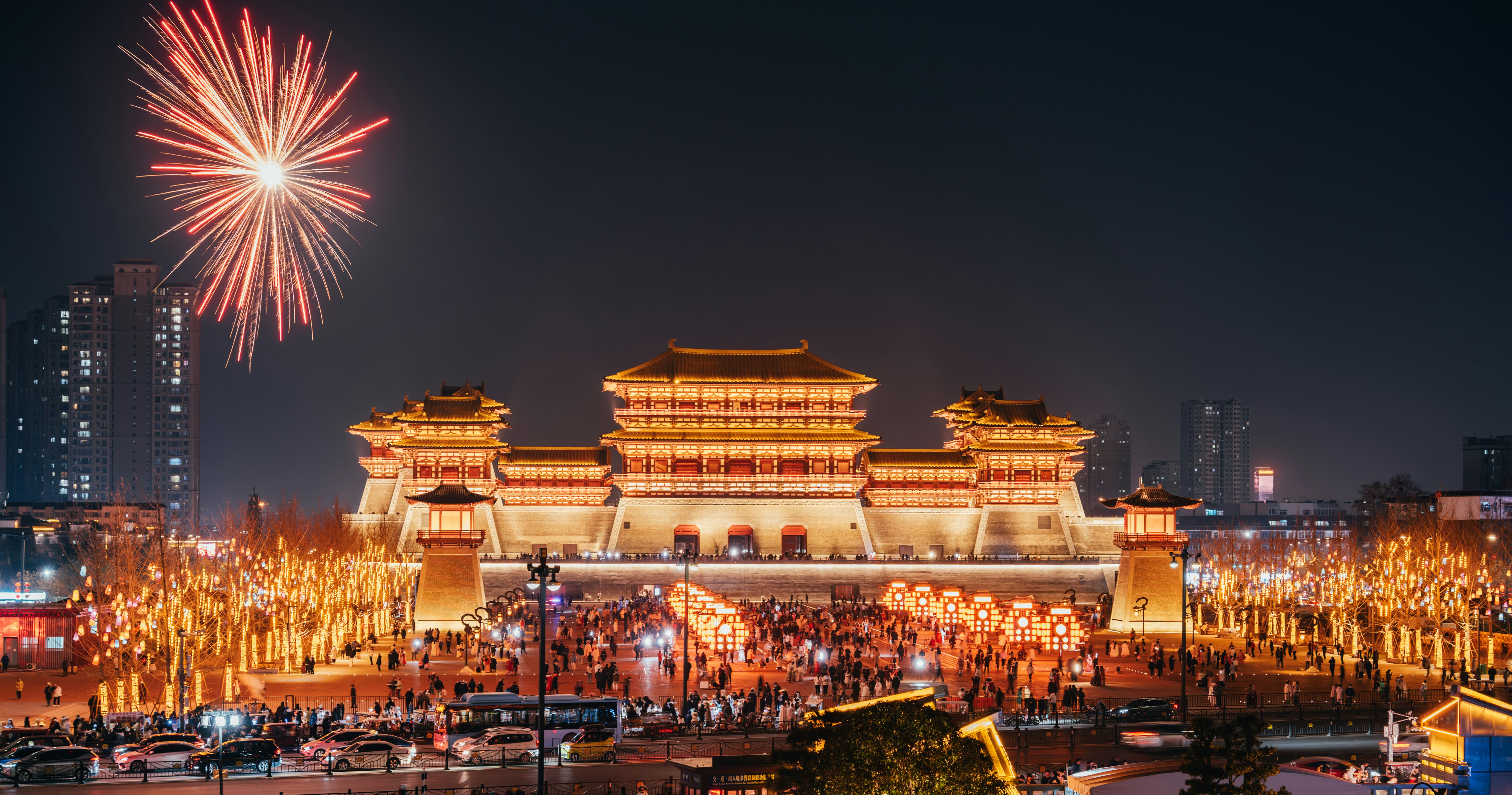 Night Gate in Firework Glow: Lanterns Framing an Imperial Arch