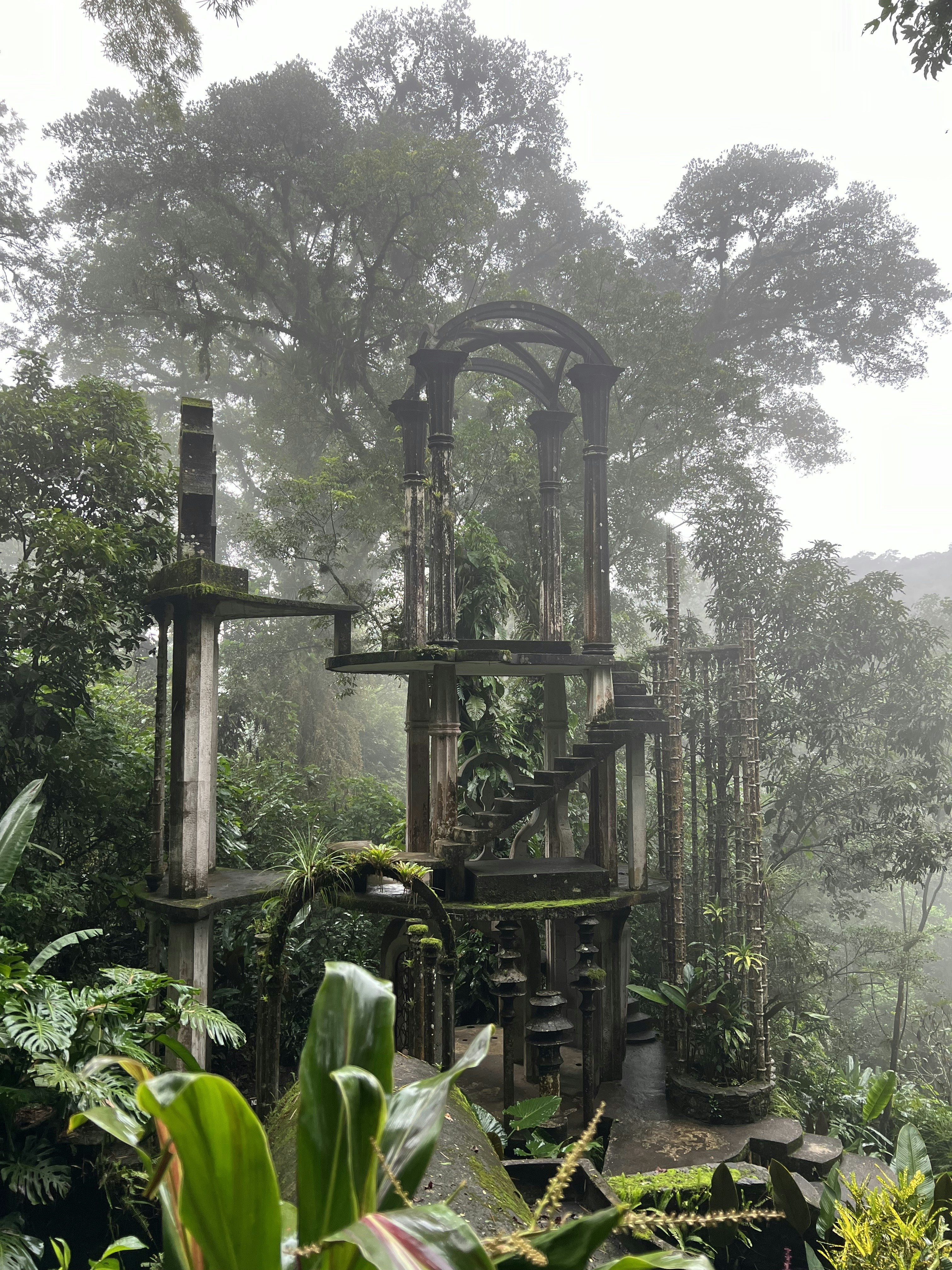 Moss-Cloaked Pavilion Rising Through the Mist