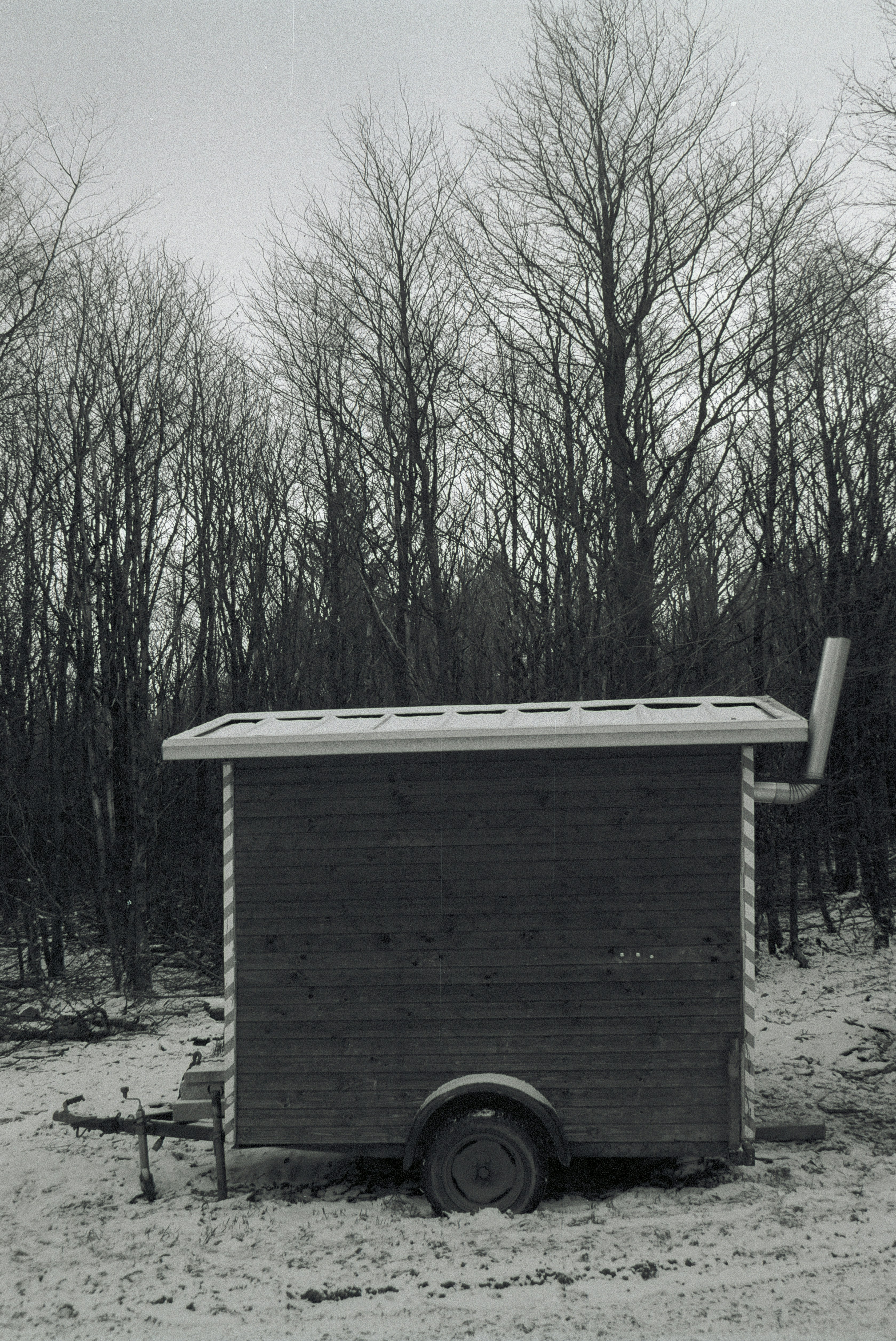 The Silent Hut on Wheels Among Winter Pines