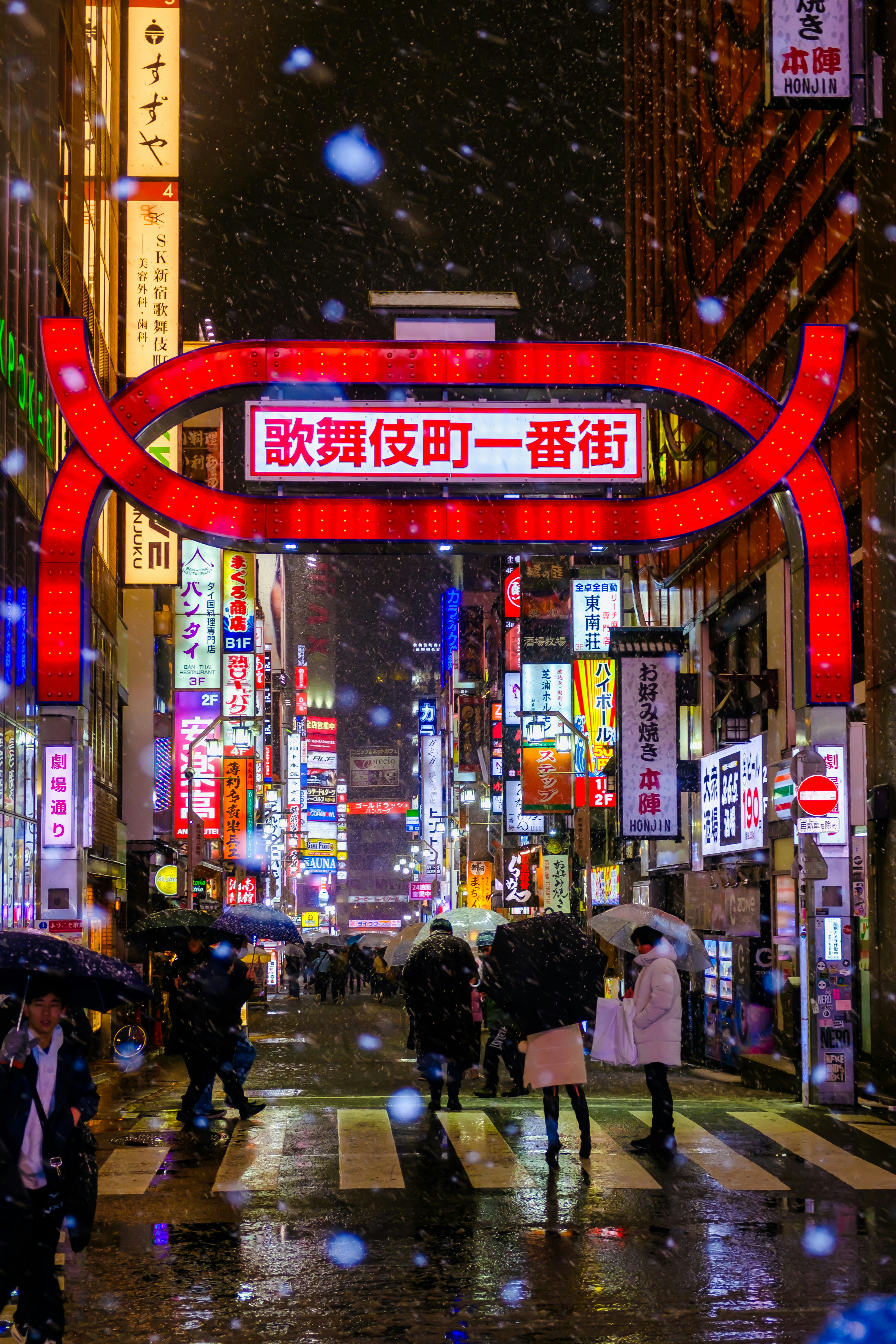 Crimson Neon Arch Over Snowfall: A Night Street Framed with Signs