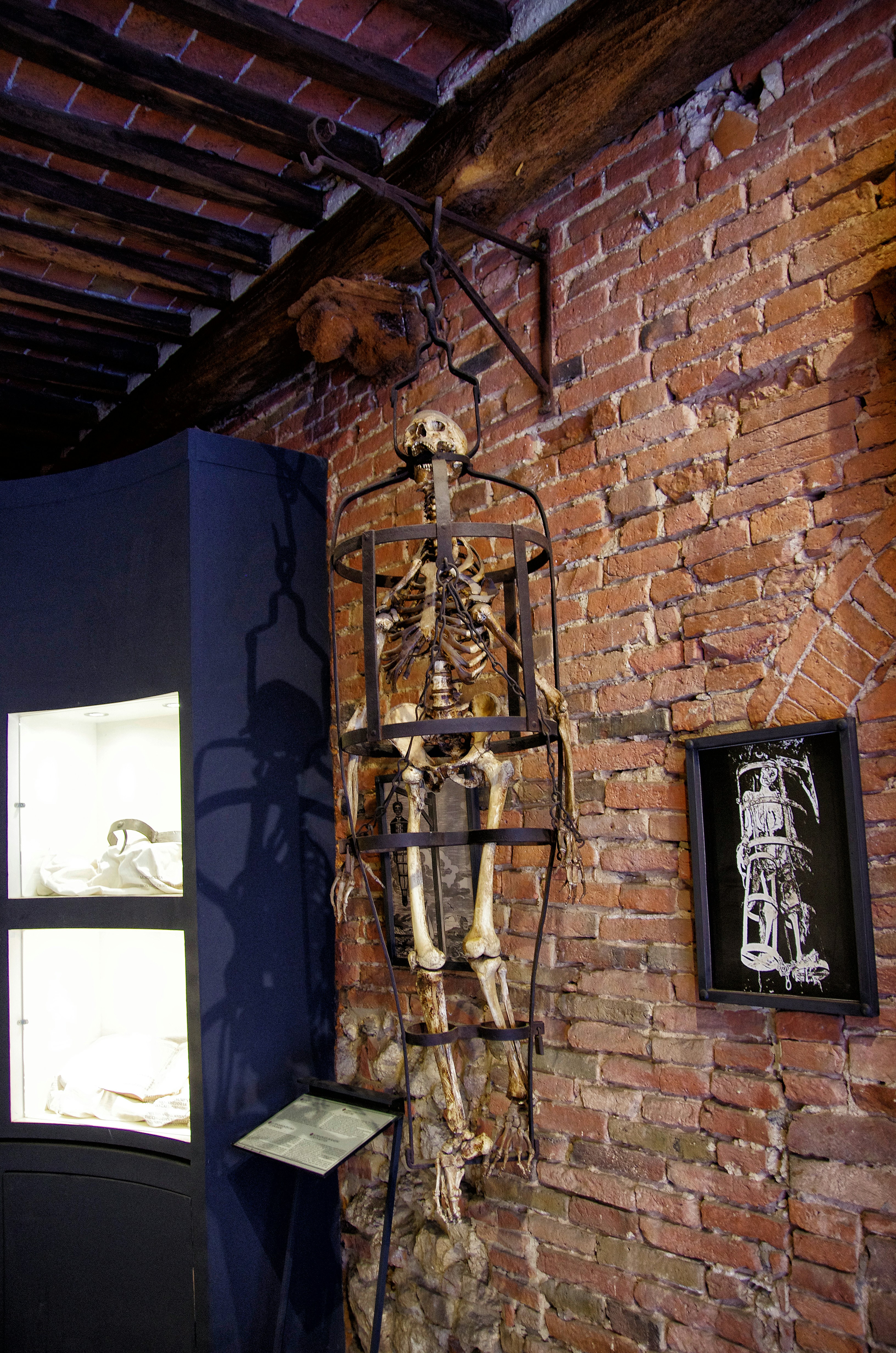 A skeleton in a cage hanging on a brick wall photo – Free Montepulciano ...