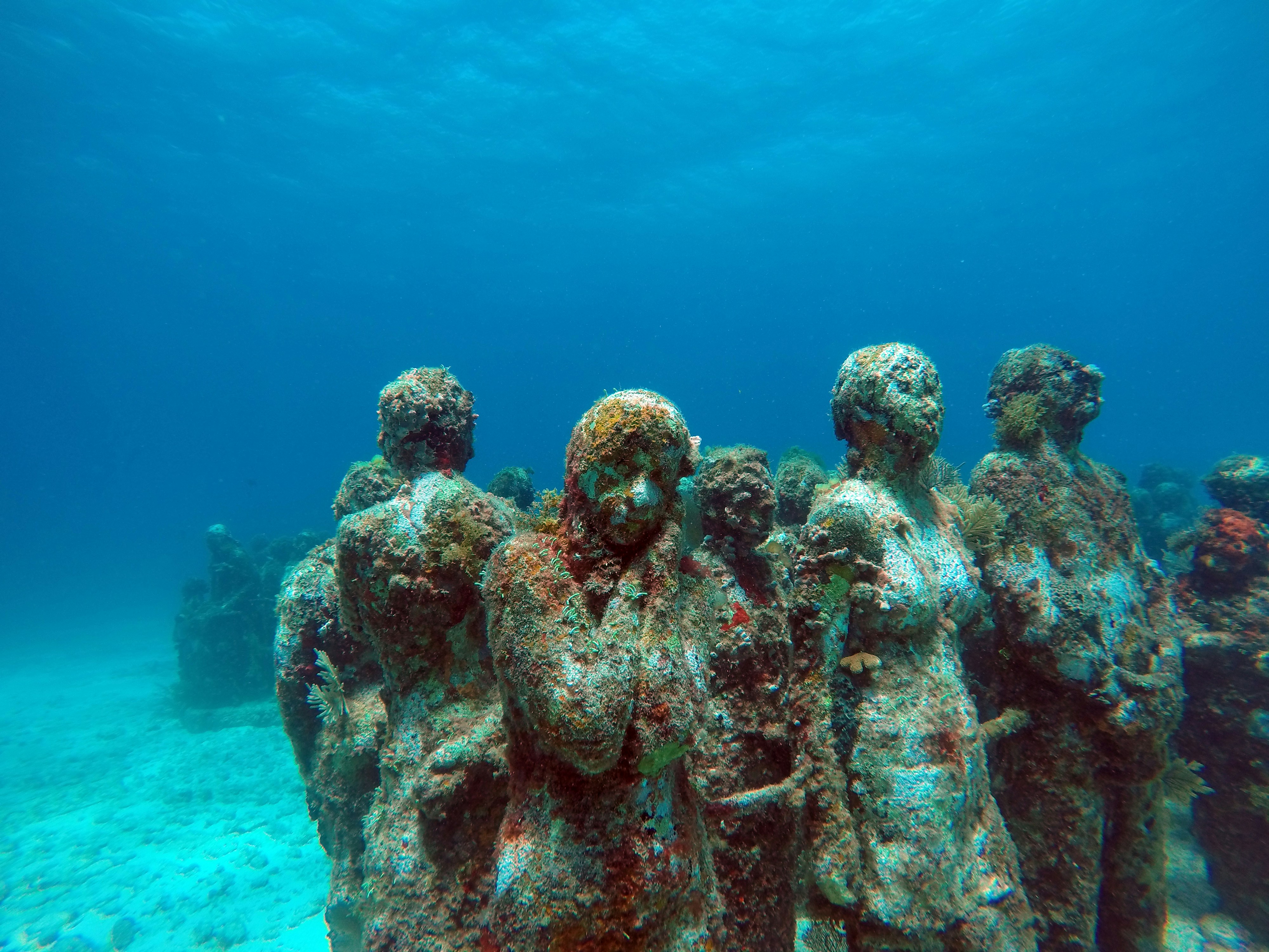 A group of statues sitting on top of a sandy bottom photo – Free Musa ...