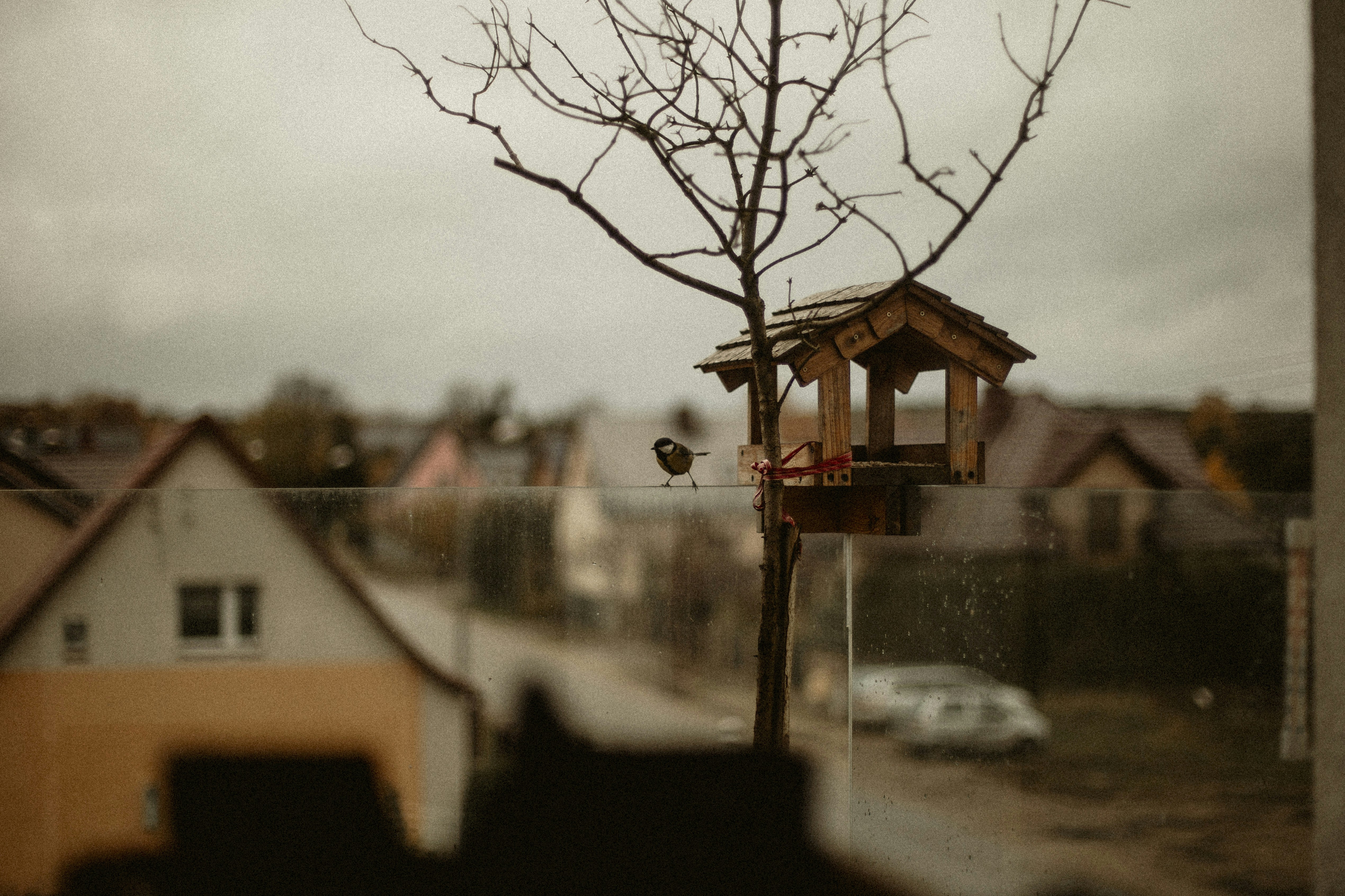 a bird house sitting on top of a window sill