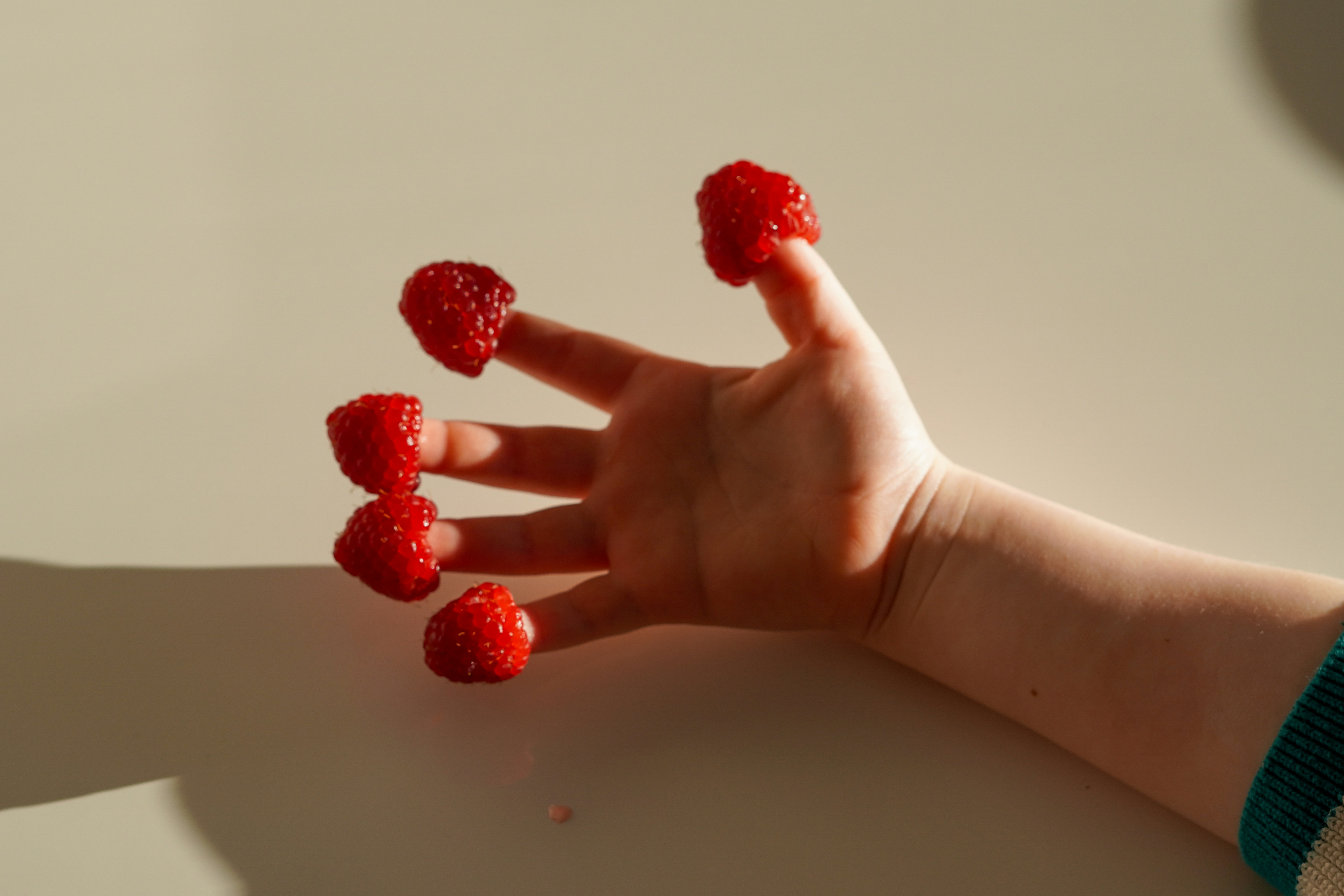 Photograph of a child's hand resting on a pale surface with red raspberries perched on the fingertips.