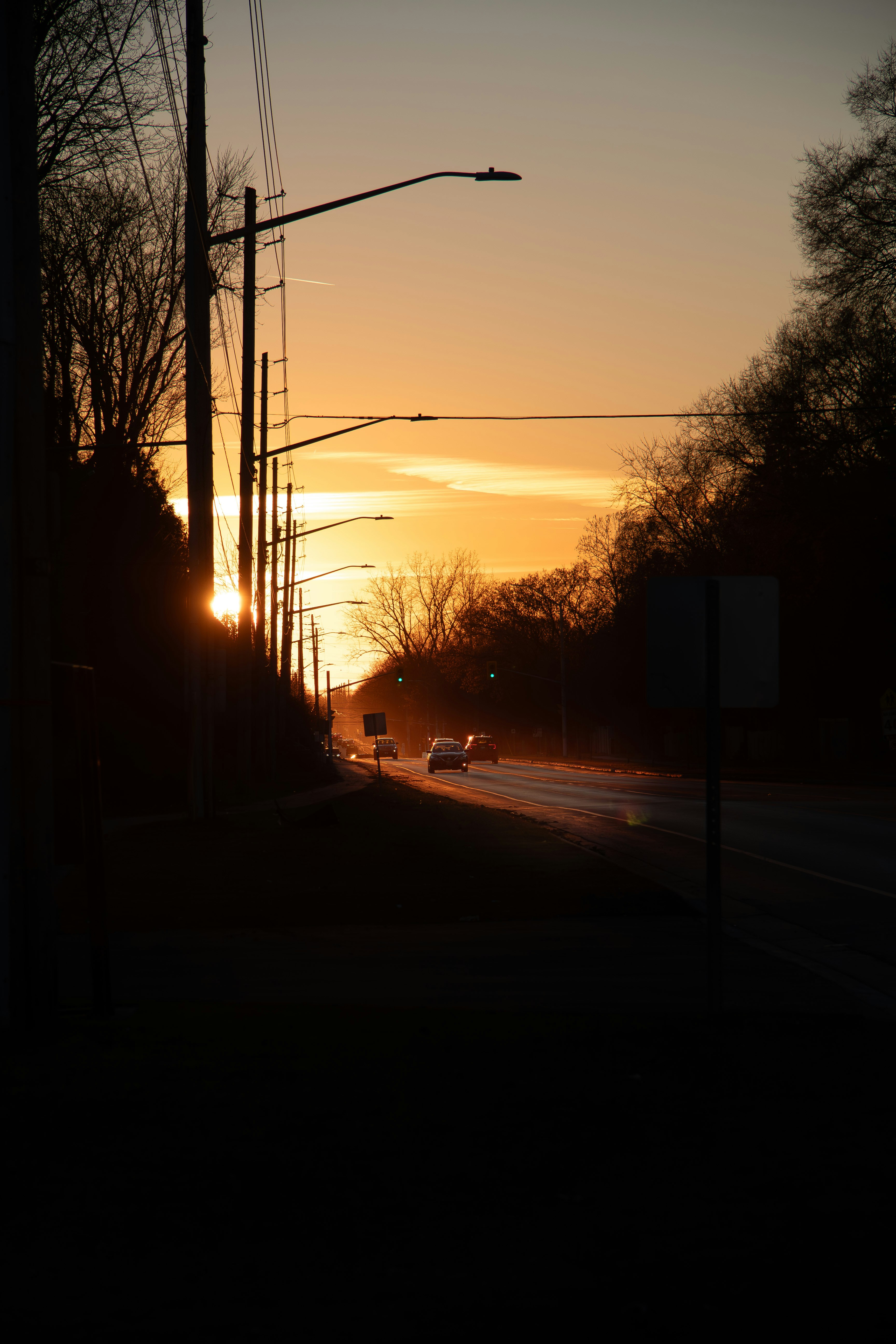 Sunset Corridor: Silhouettes, Poles, and Quiet Traffic