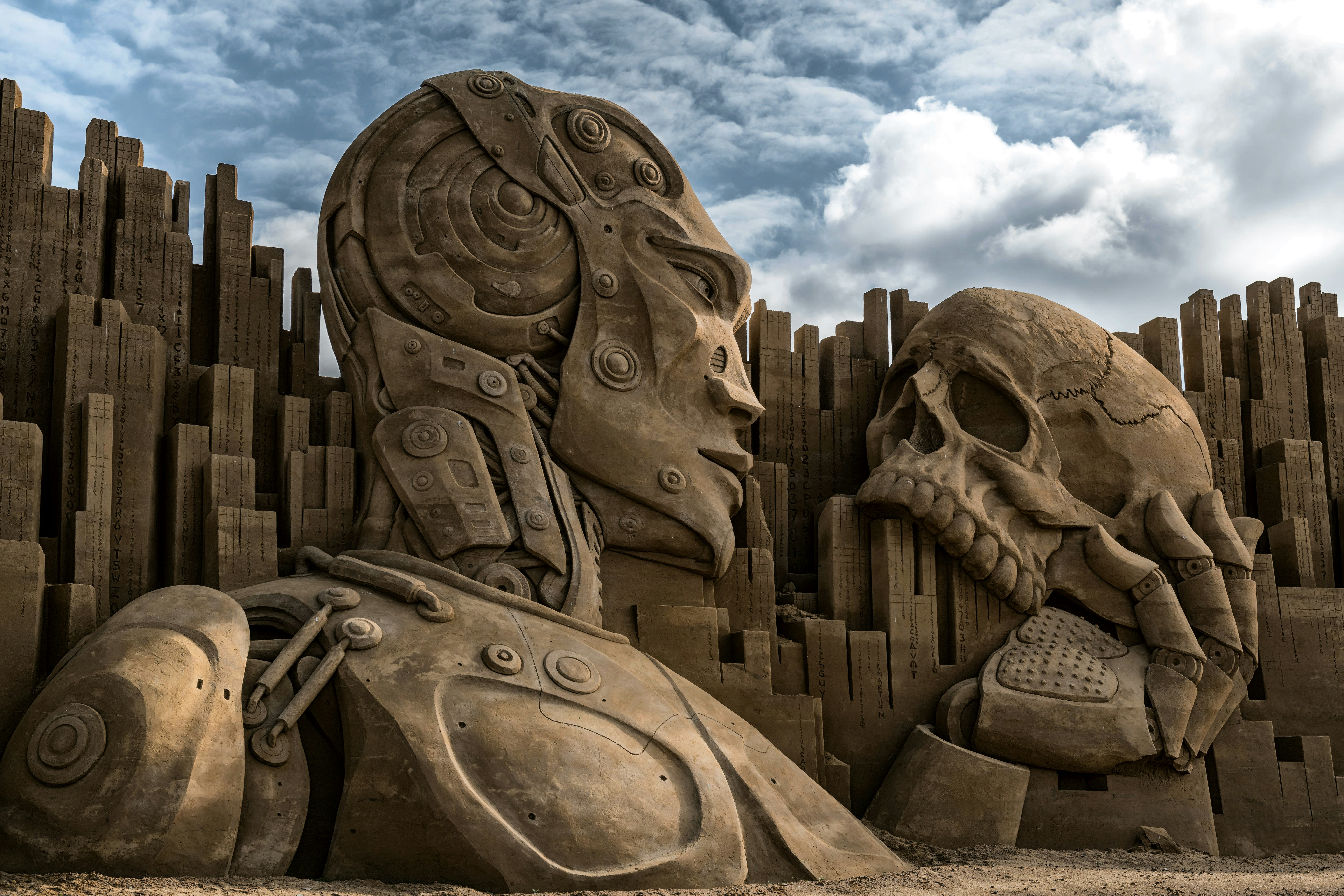Stone Sentinel: A Cybernetic Bust Gazes at a Skeletal Companion