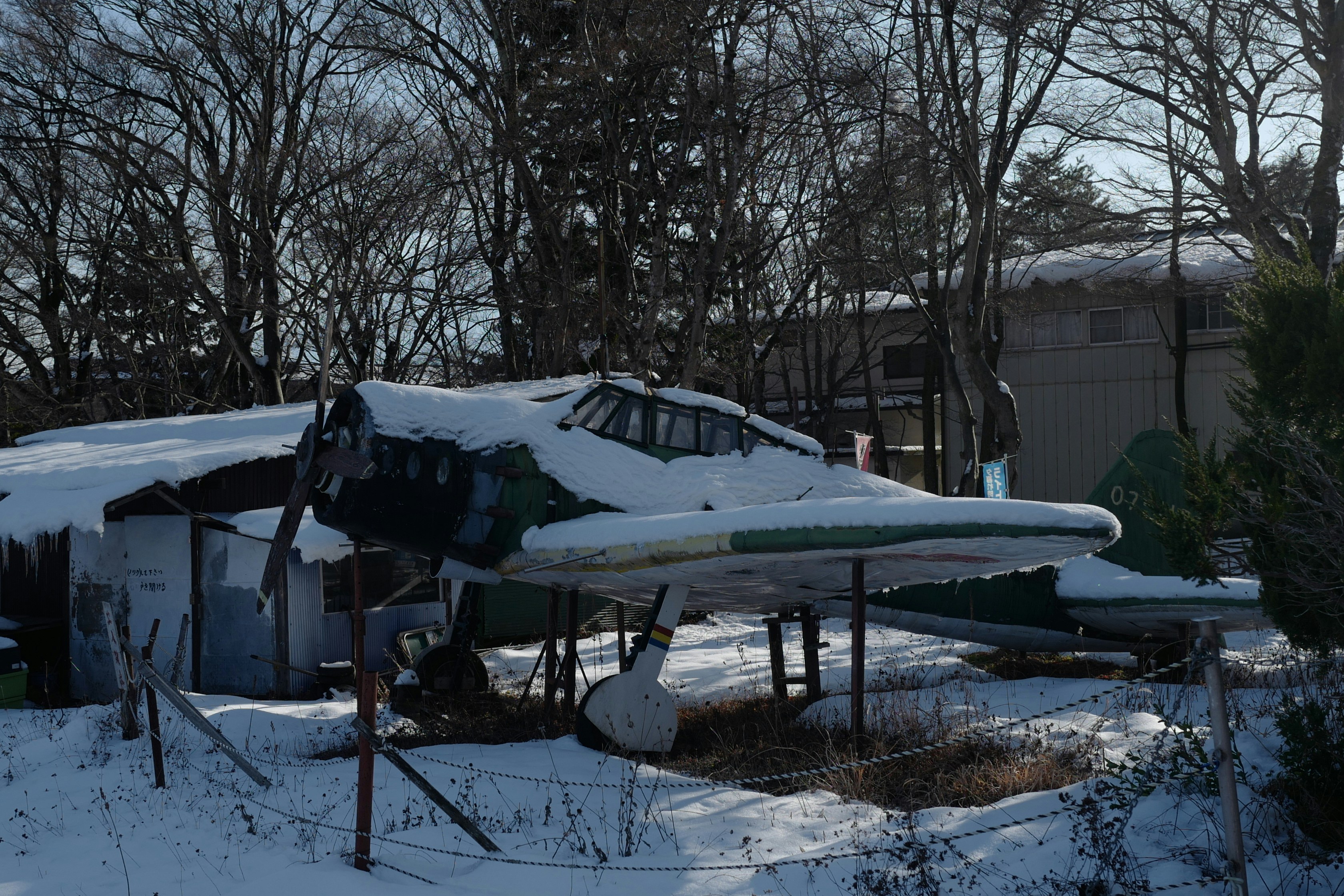 Winter Relic: A Weathered Aircraft Resting in a Snow-Blanketed Yard