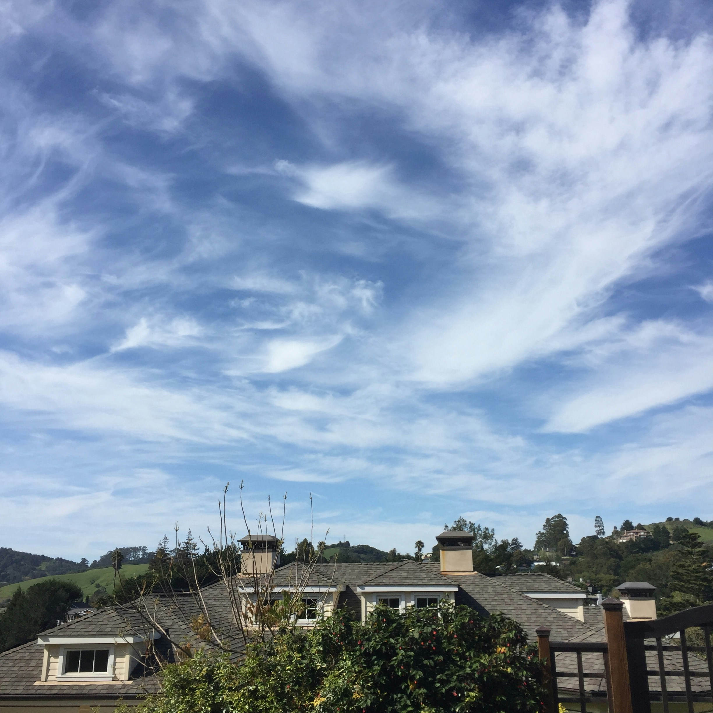Suburban Roofscape Beneath a Vast Blue Sky