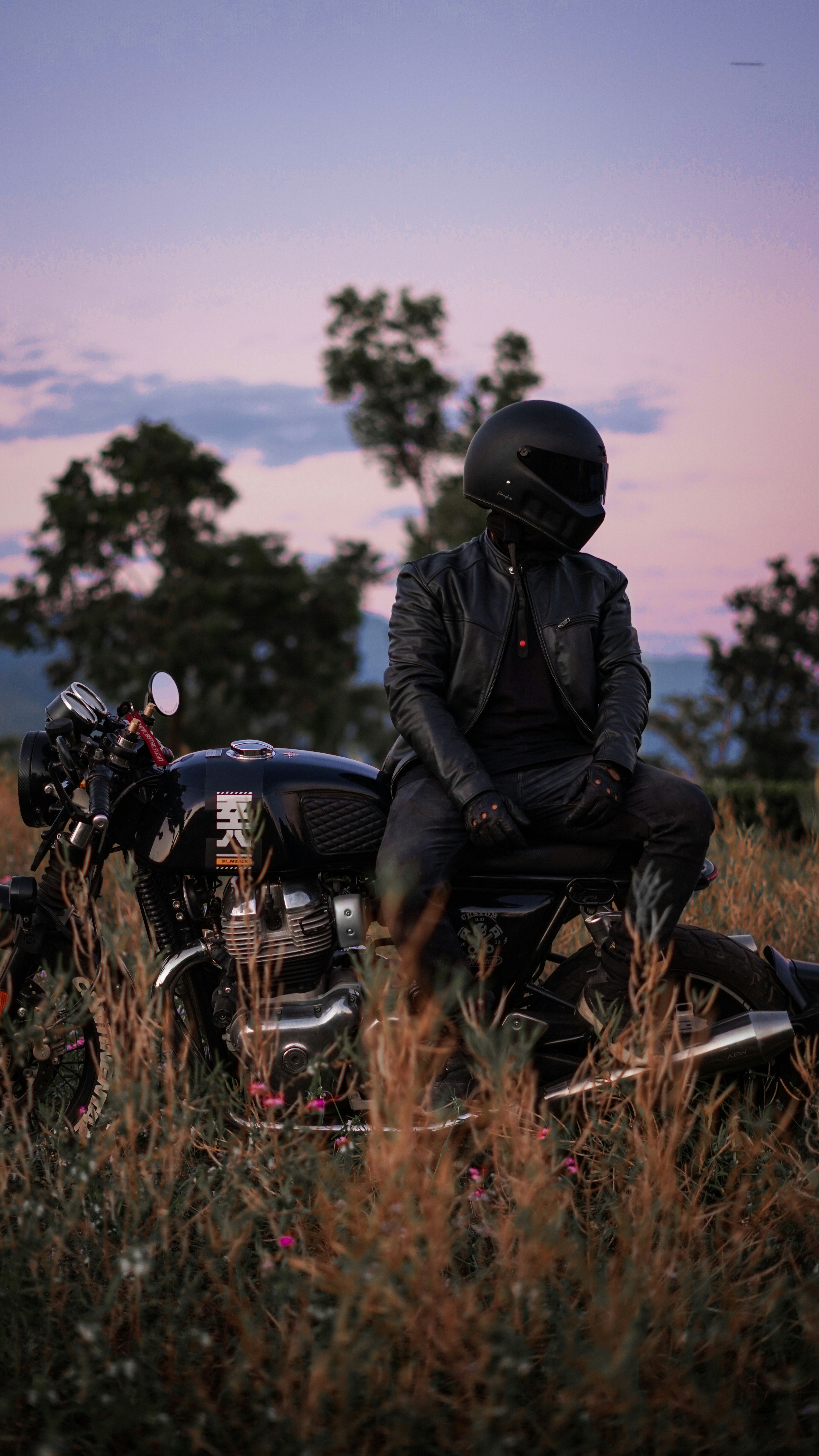 Dusk Rider on a Quiet Prairie: Leather, Chrome, and Lavender Evening