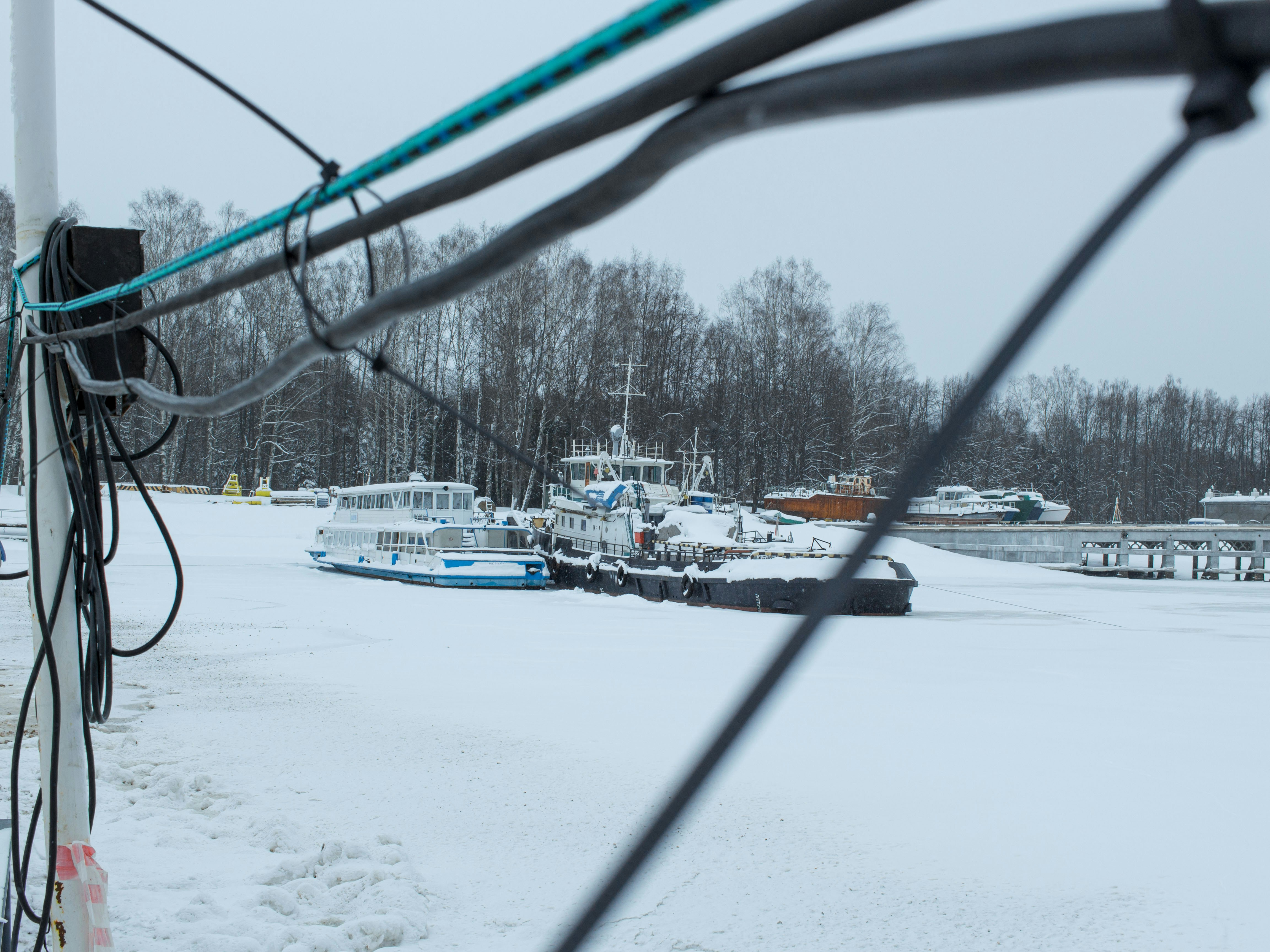 Snowbound Marina Framed by Wires: Boats Rest in Frost