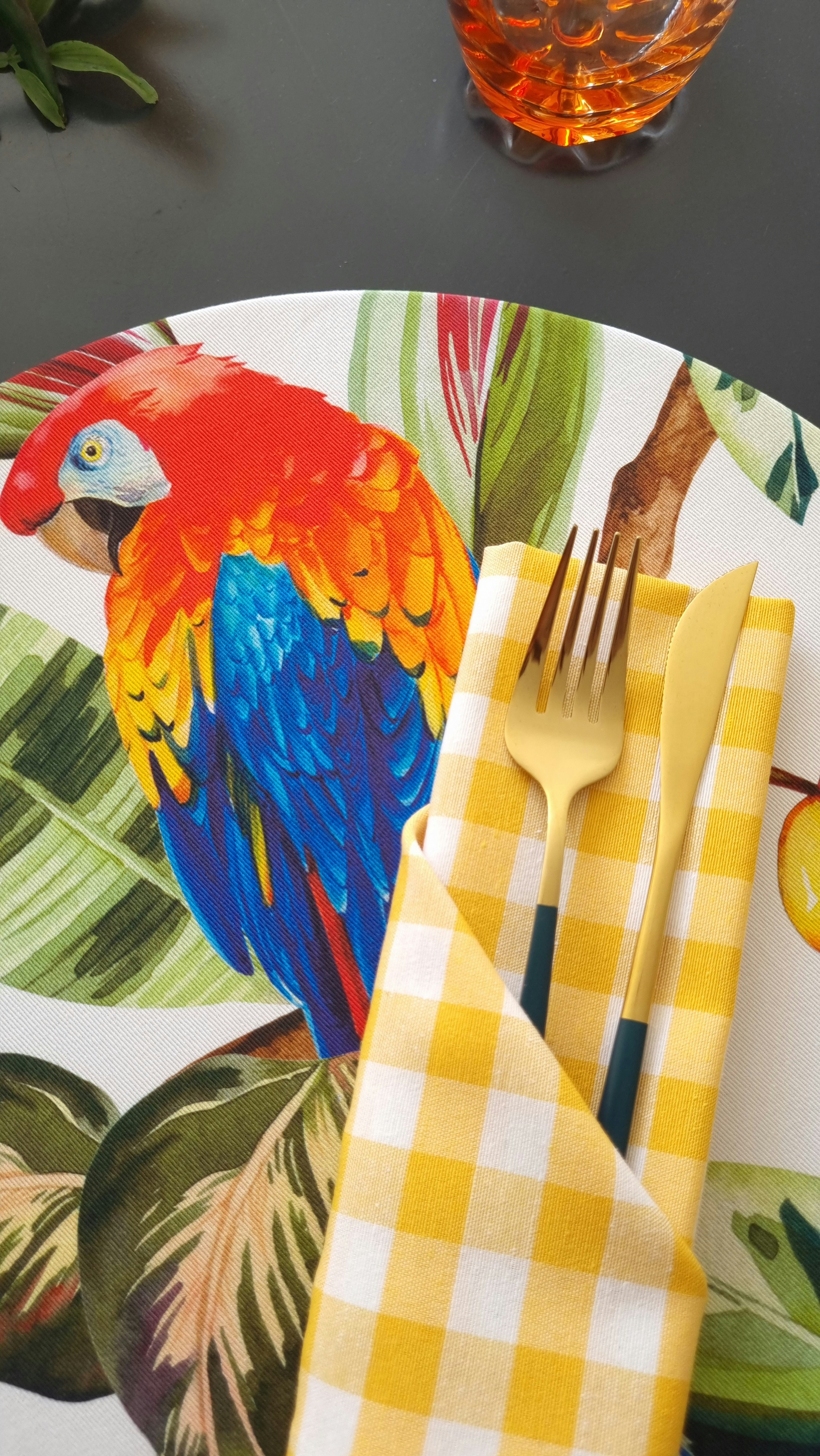 Vivid Parrot Plate Setting Echoed by Bright Yellow Checks