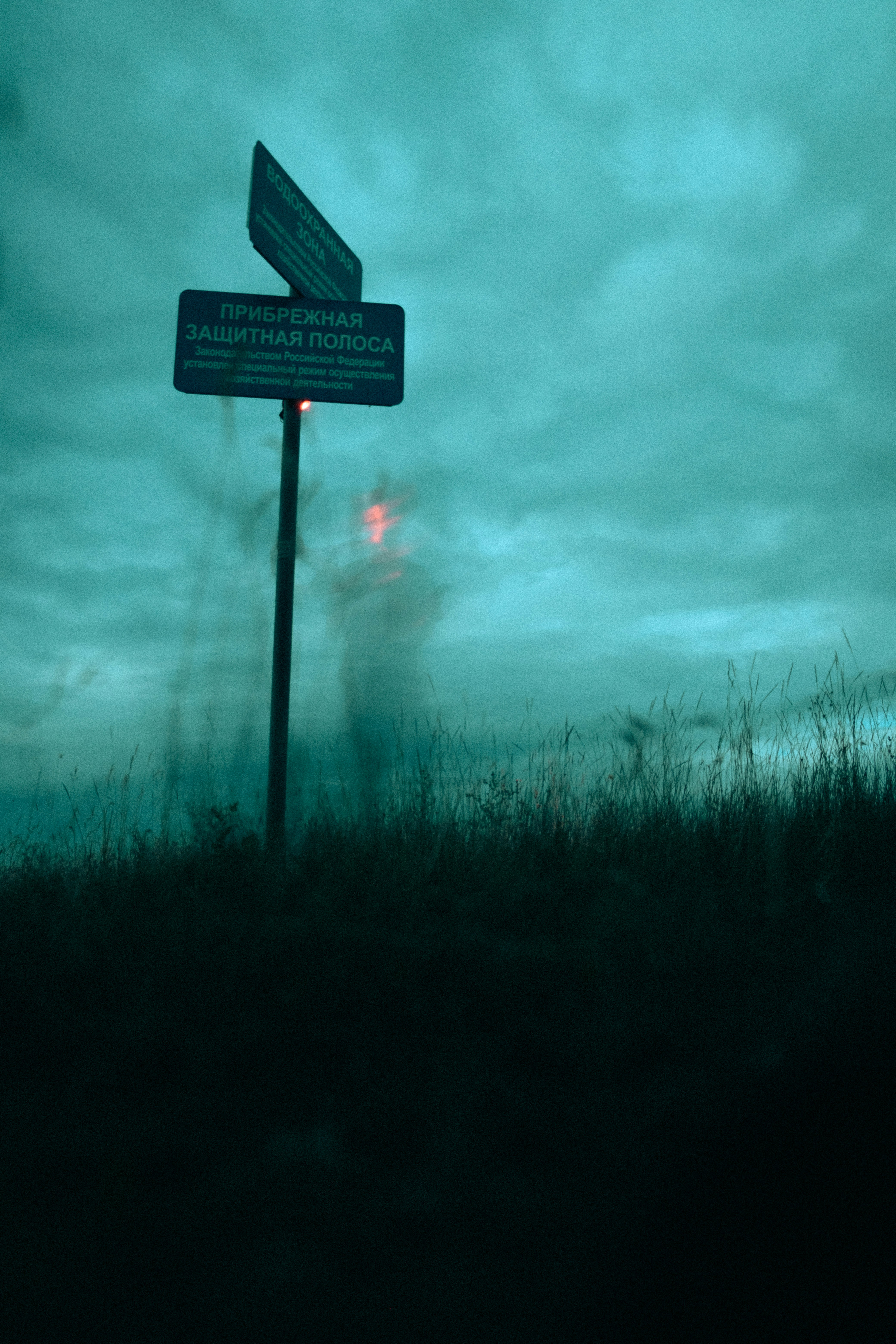 Lone Signpost at Teal Dusk Over Wind-Swept Grass