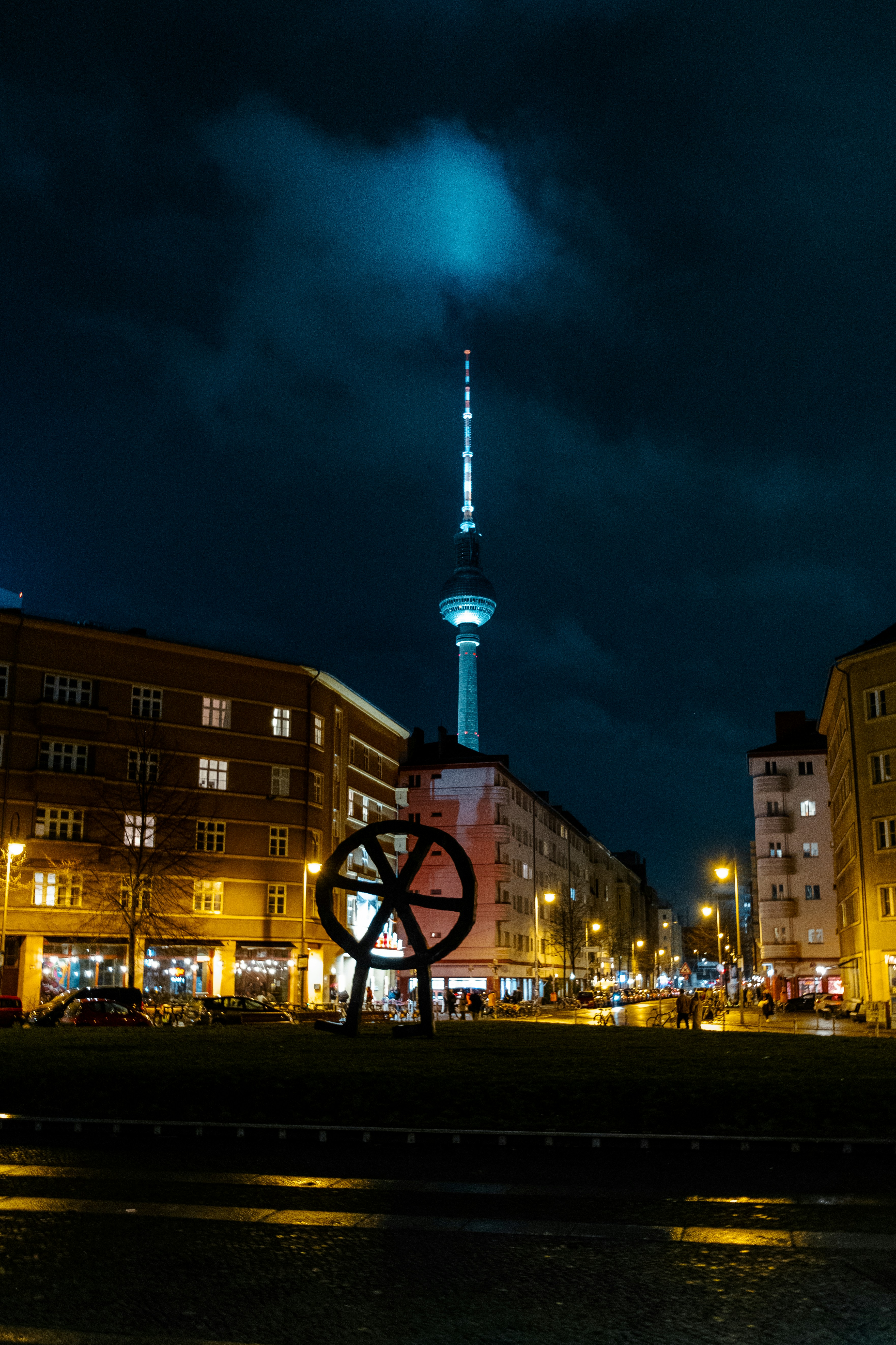 Blue Hour Spire Over a Quiet City Square