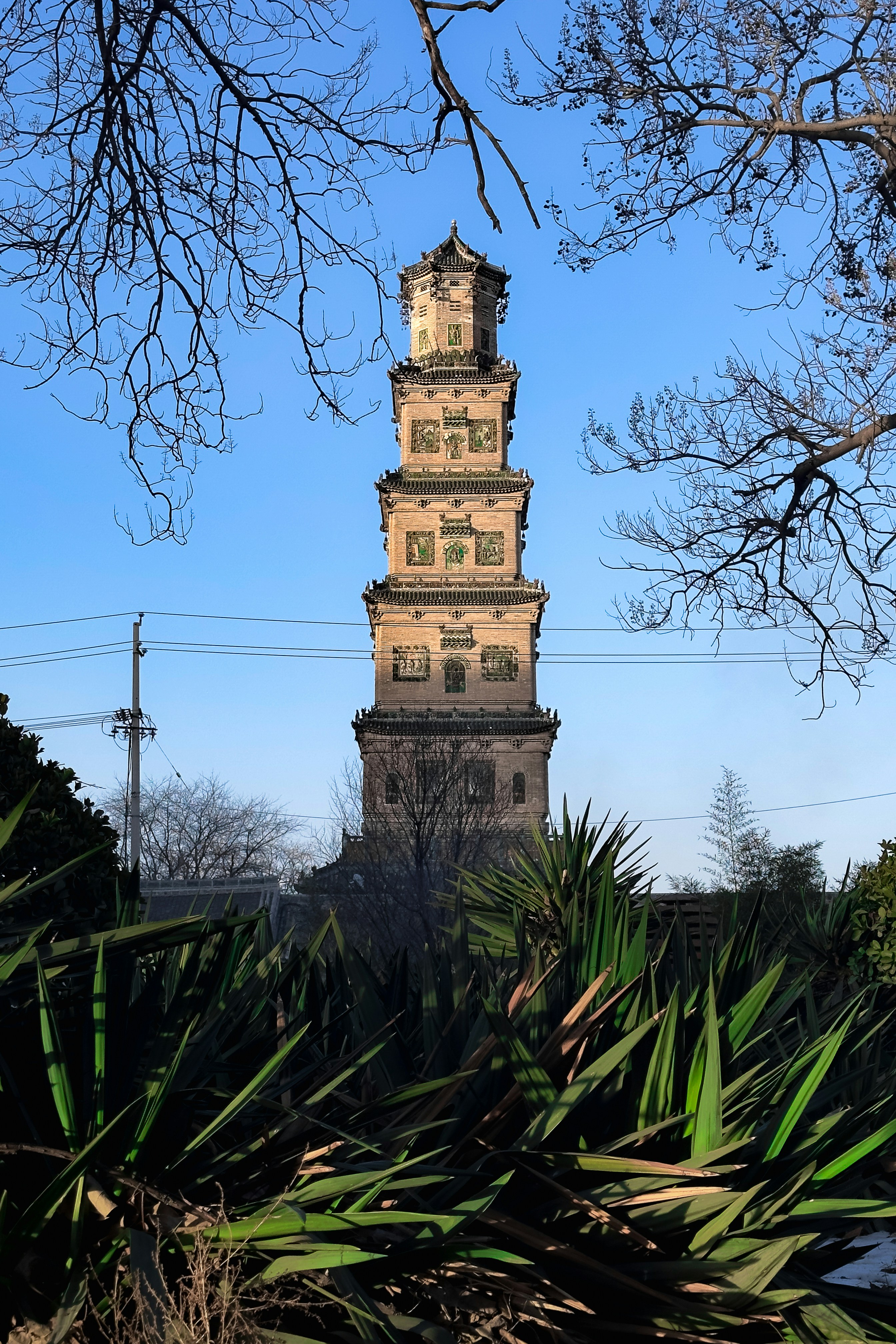 Five-Tier Brick Pagoda Reaching Into a Pristine Winter Blue