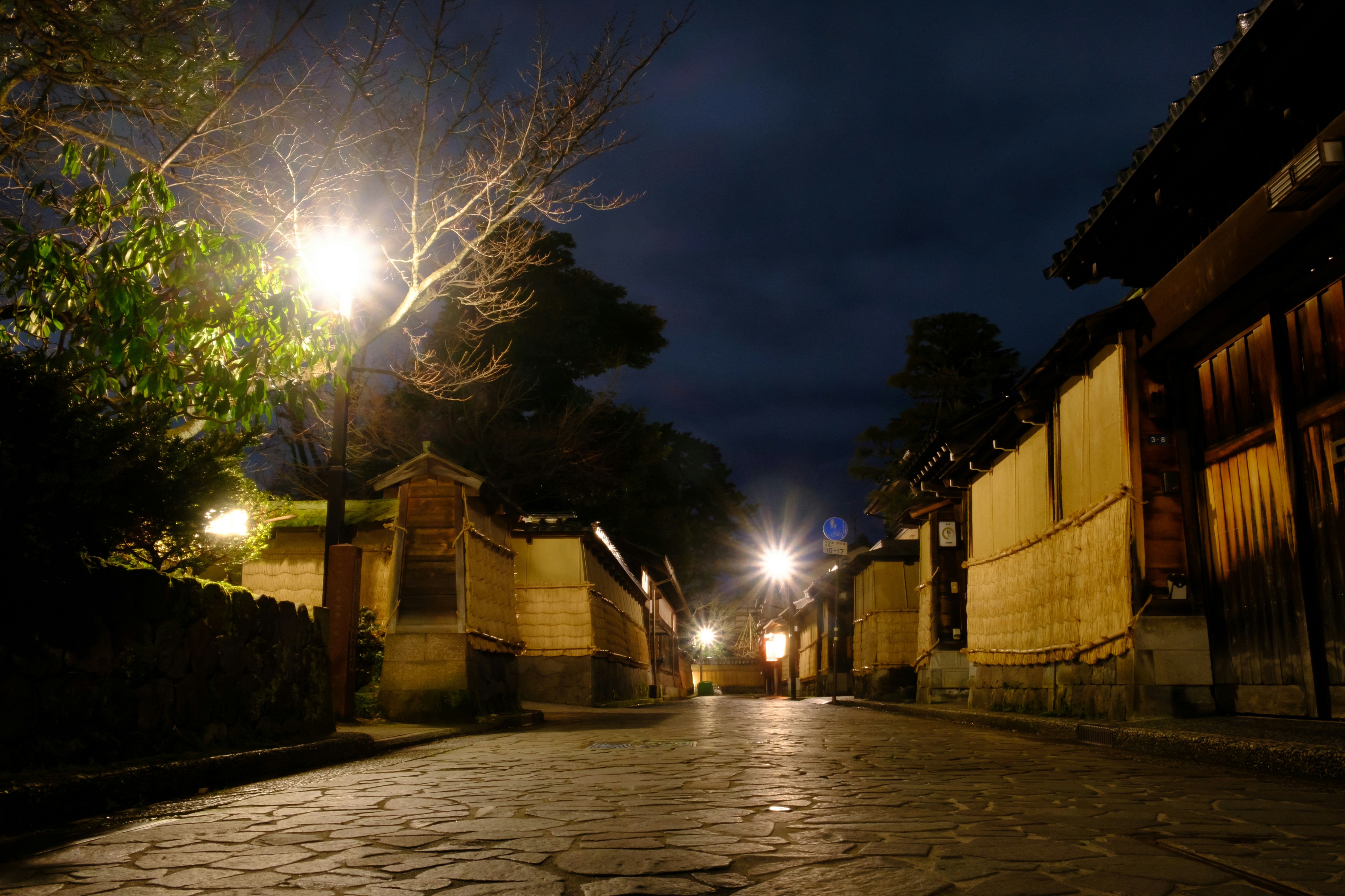 Quiet cobblestone street lined with traditional wooden houses under a dimly lit night sky.