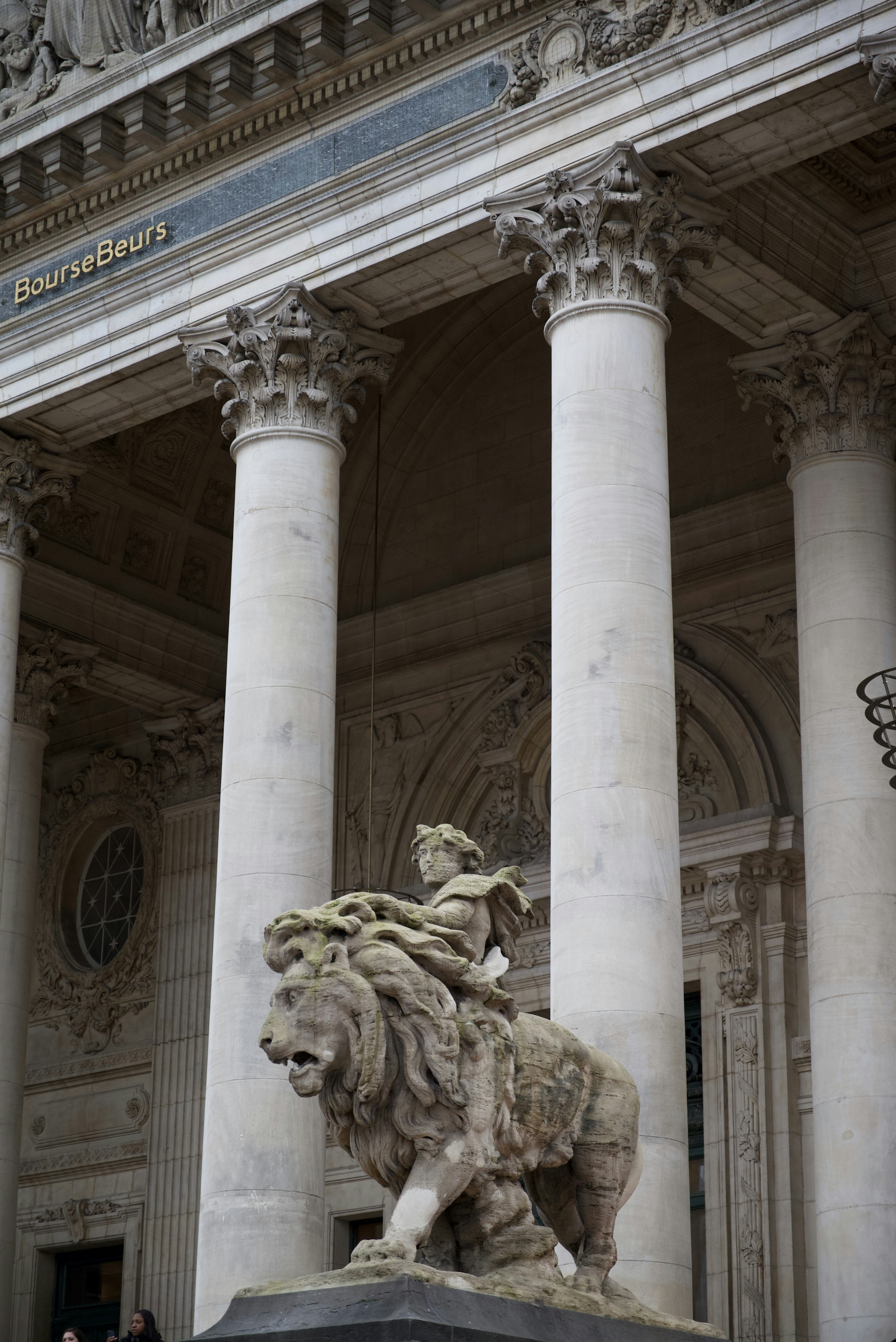 Stone Guardian: A Lion Statue Framed by Classical Columns