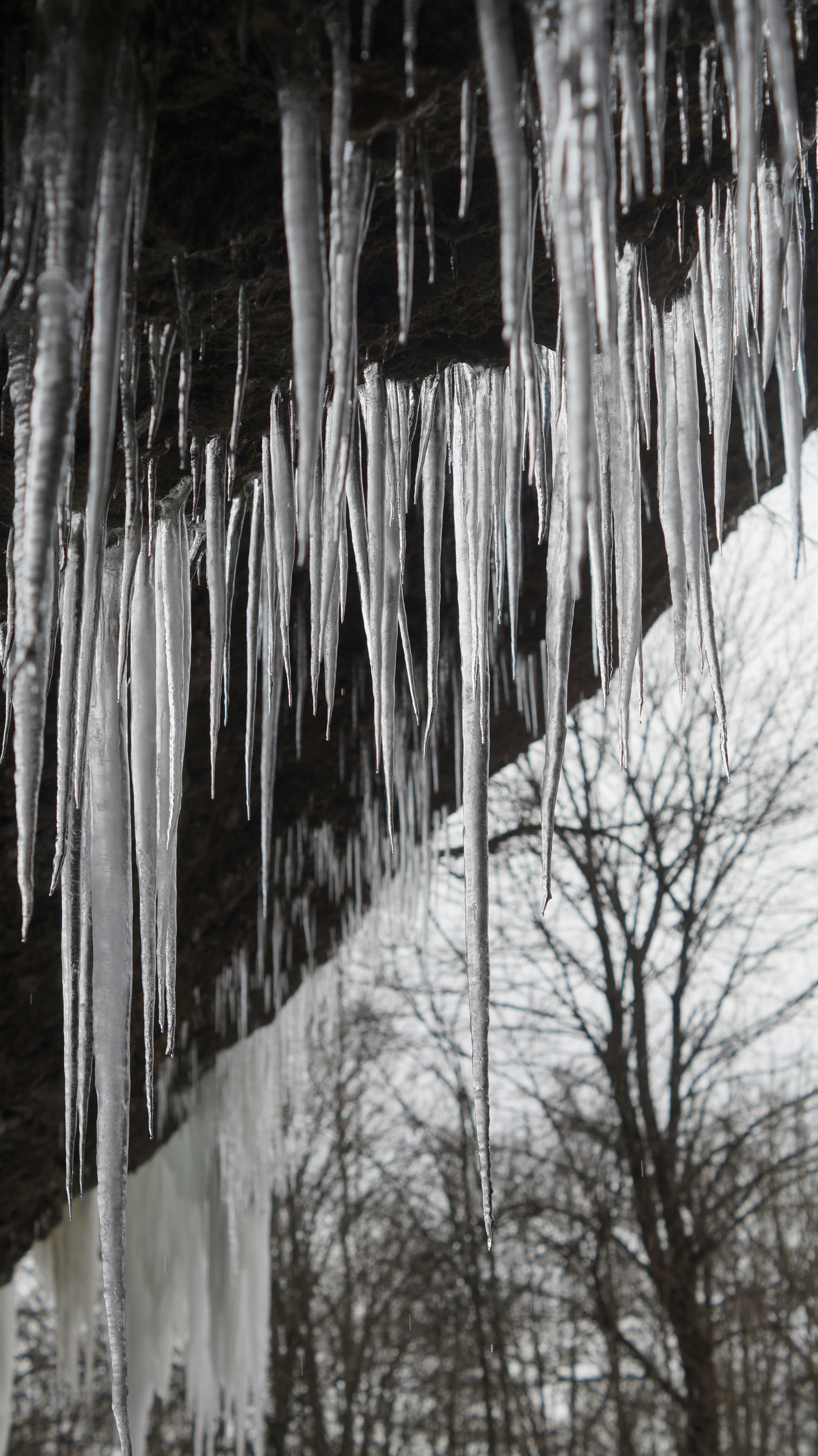 A group of icicles hanging from the side of a mountain photo – Free ...