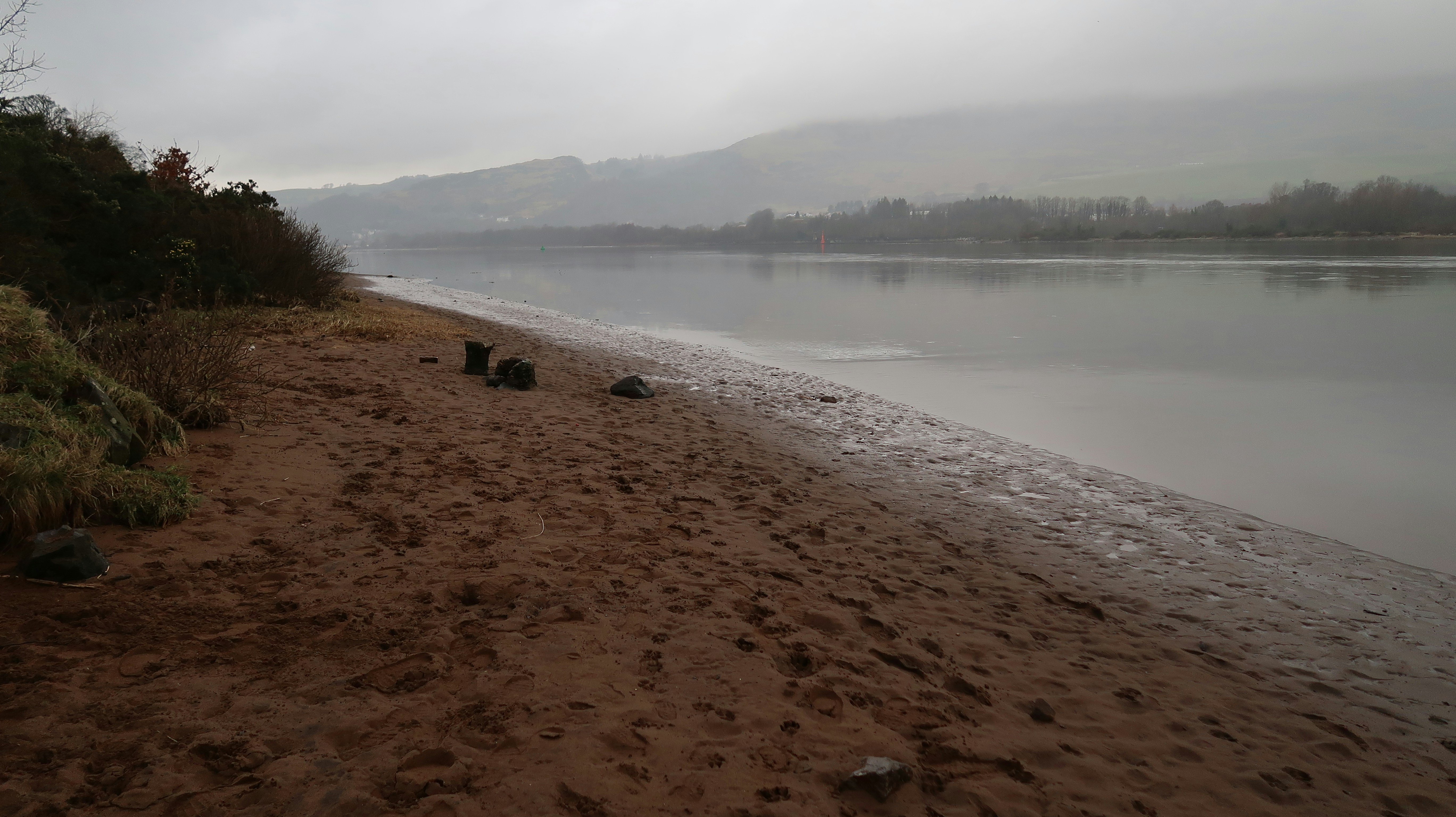 Mist on the Quiet Shore: A Sandy Bend by the Sleeping Lake