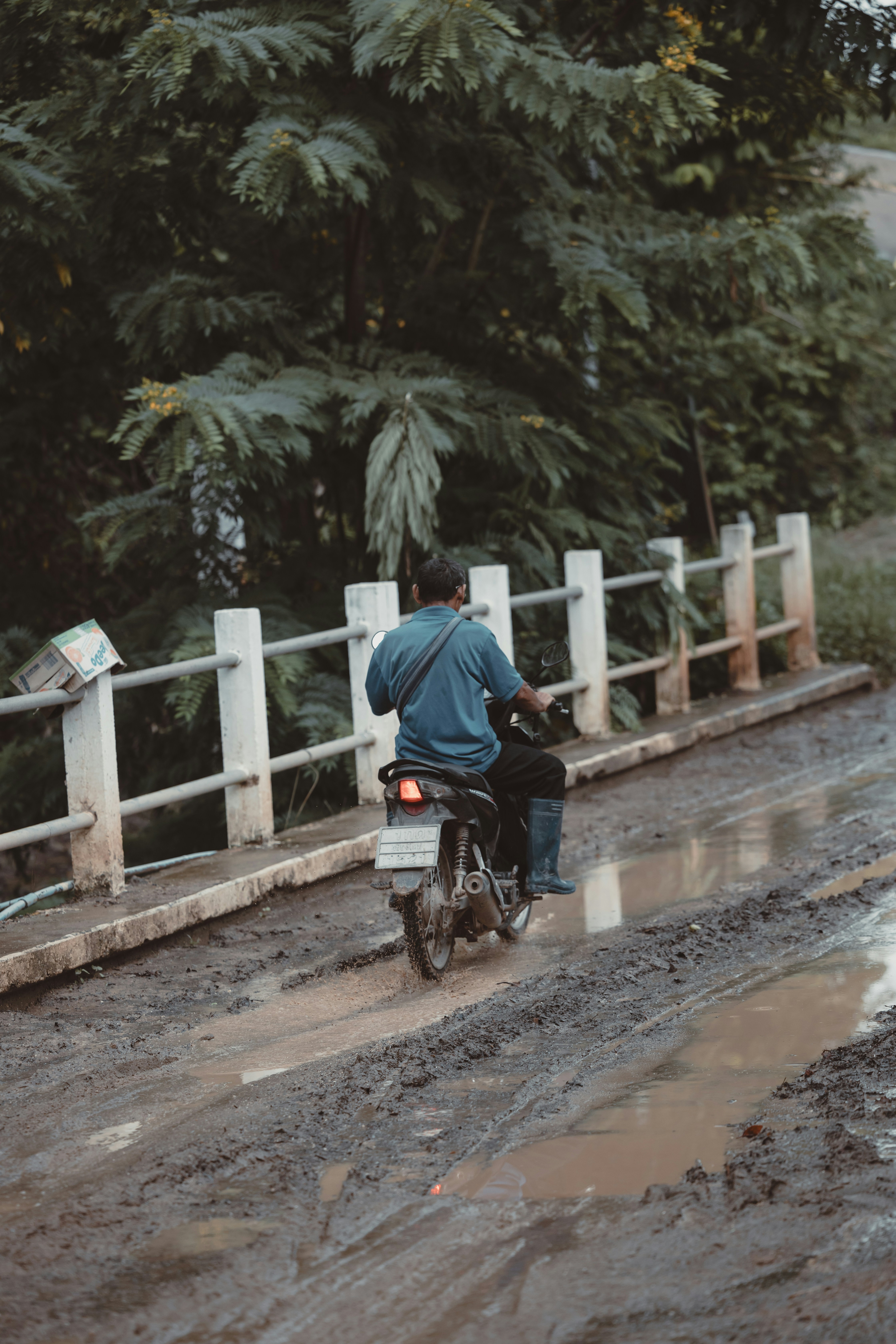 Mud-Caked Lane: A Lone Rider Navigates a Rain-Washed Path